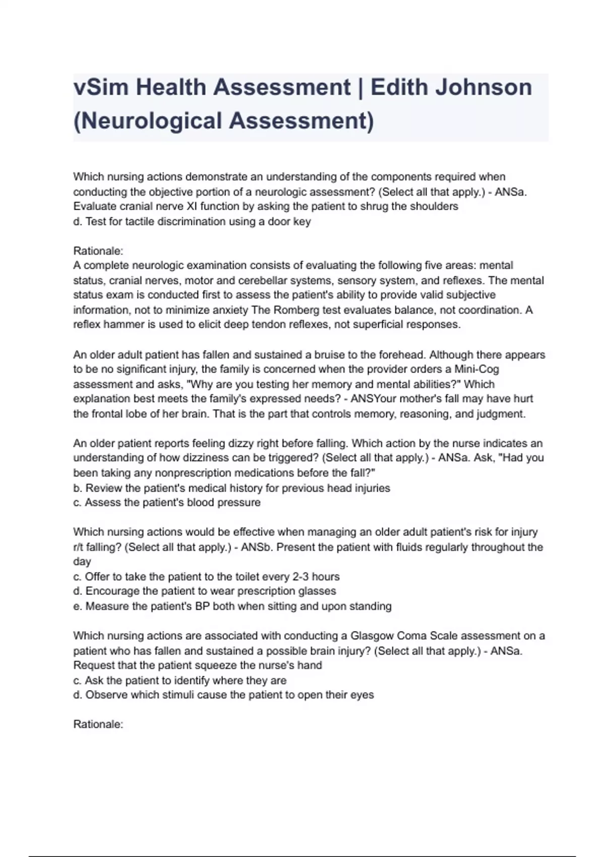 VSim Health Assessment | Edith Johnson (Neurological Assessment) 2023/ ...