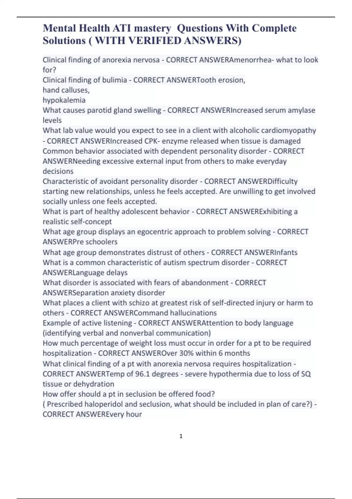 Mental Health ATI mastery Questions With Complete Solutions ( WITH ...