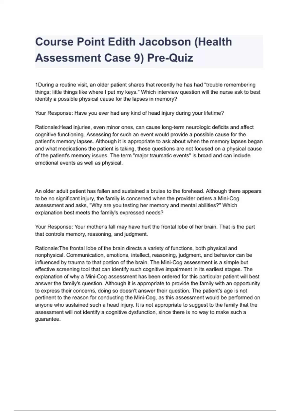 Course Point Edith Jacobson (Health Assessment Case 9) Pre-Quiz 2023/ ...