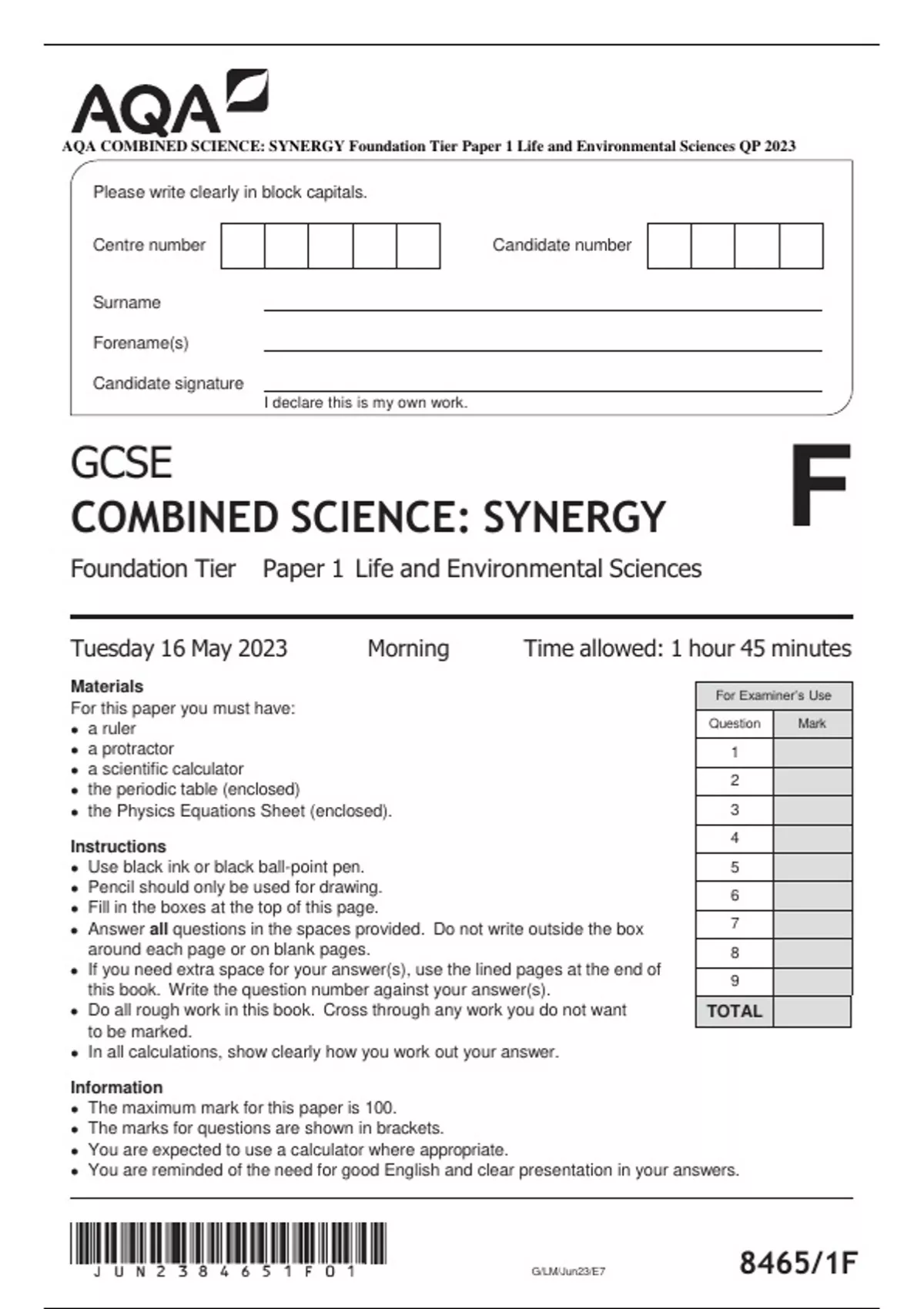 Aqa Combined Science Synergy Foundation Tier Paper 1 Life And