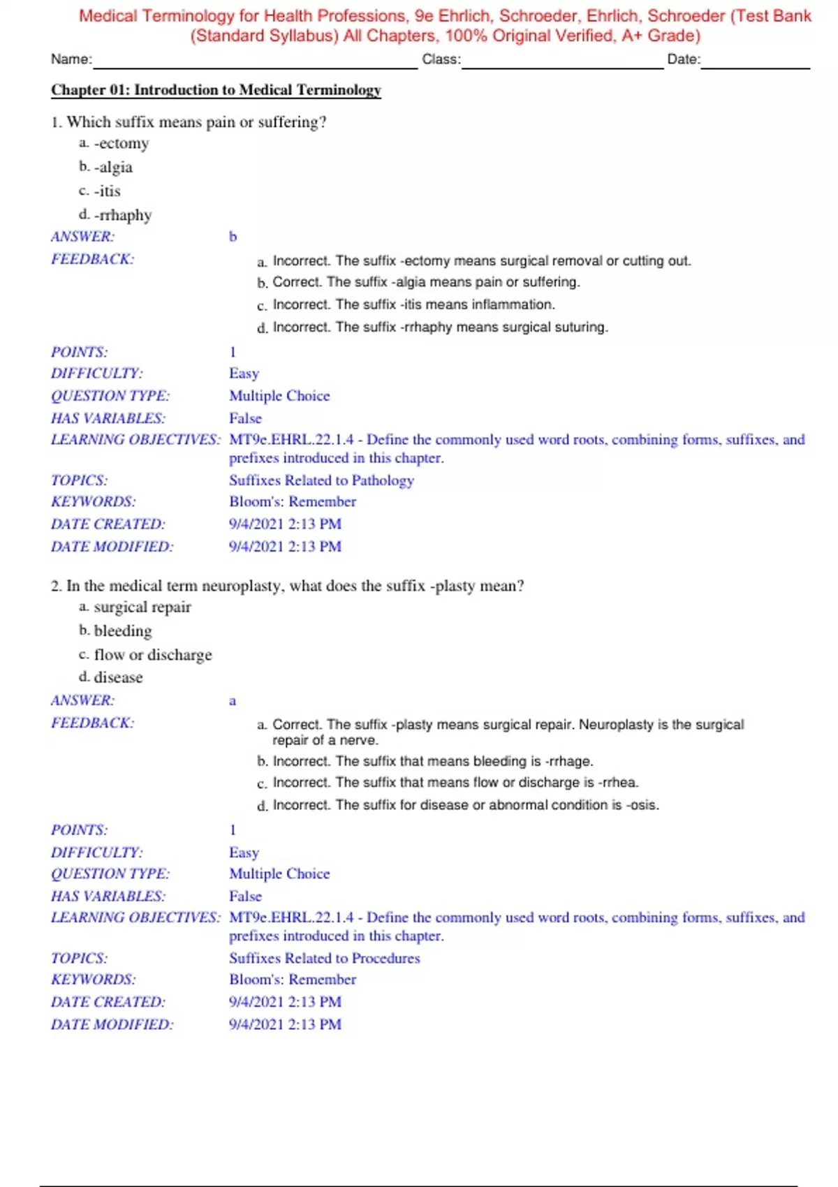 Test Bank for Medical Terminology for Health Professions 9th Edition By ...
