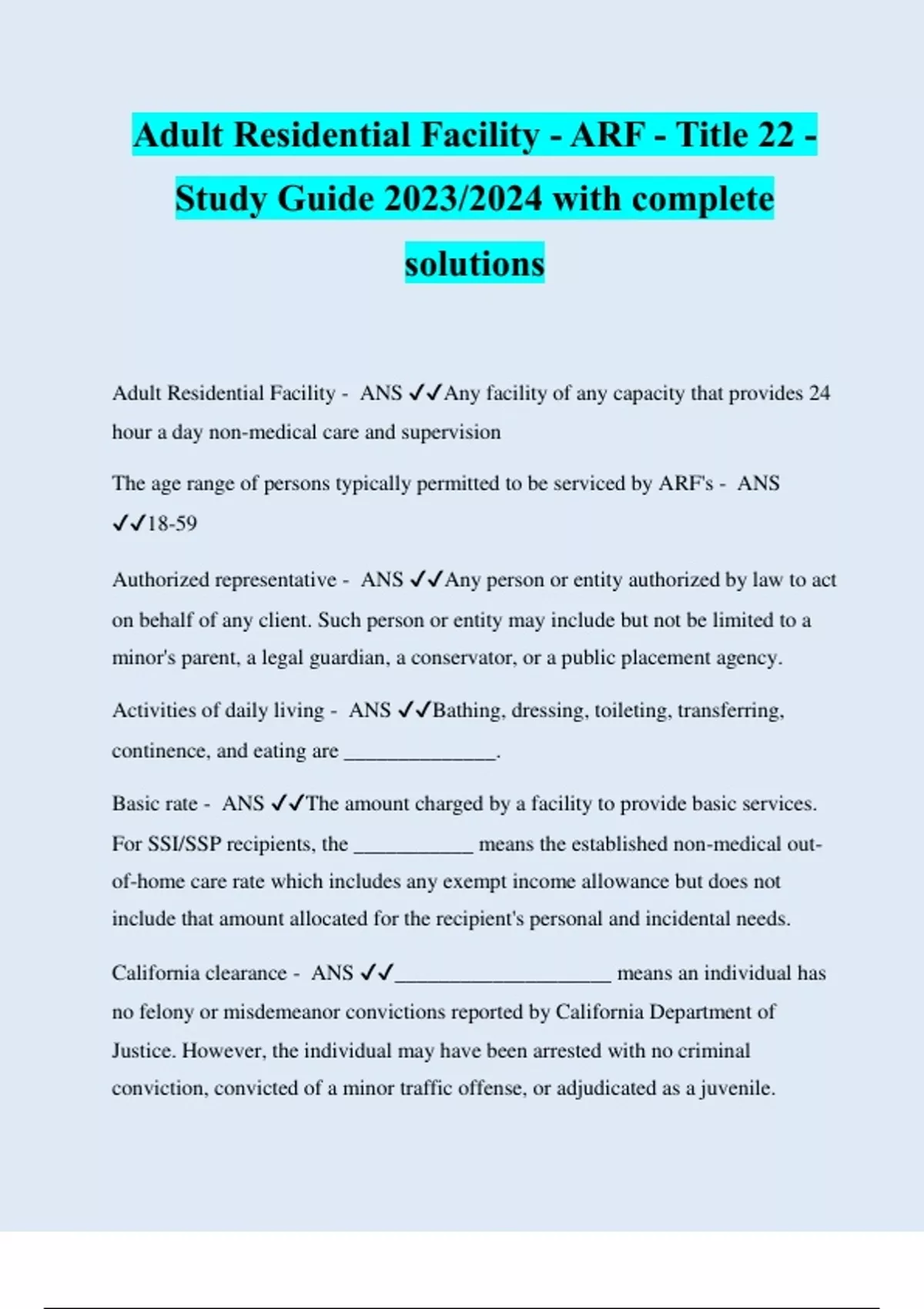 Adult Residential Facility - ARF - Title 22 - Study Guide 2023/2024 ...