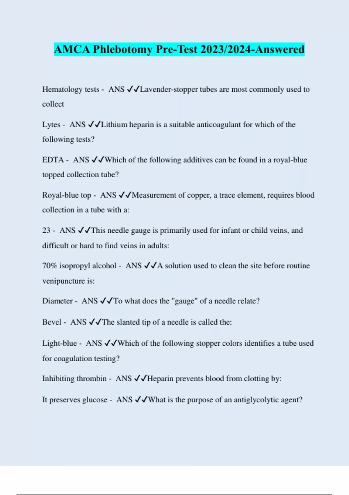 AMCA Phlebotomy Pre-Test 2023/2024-Answered - AMCA Phlebotomy - Stuvia US