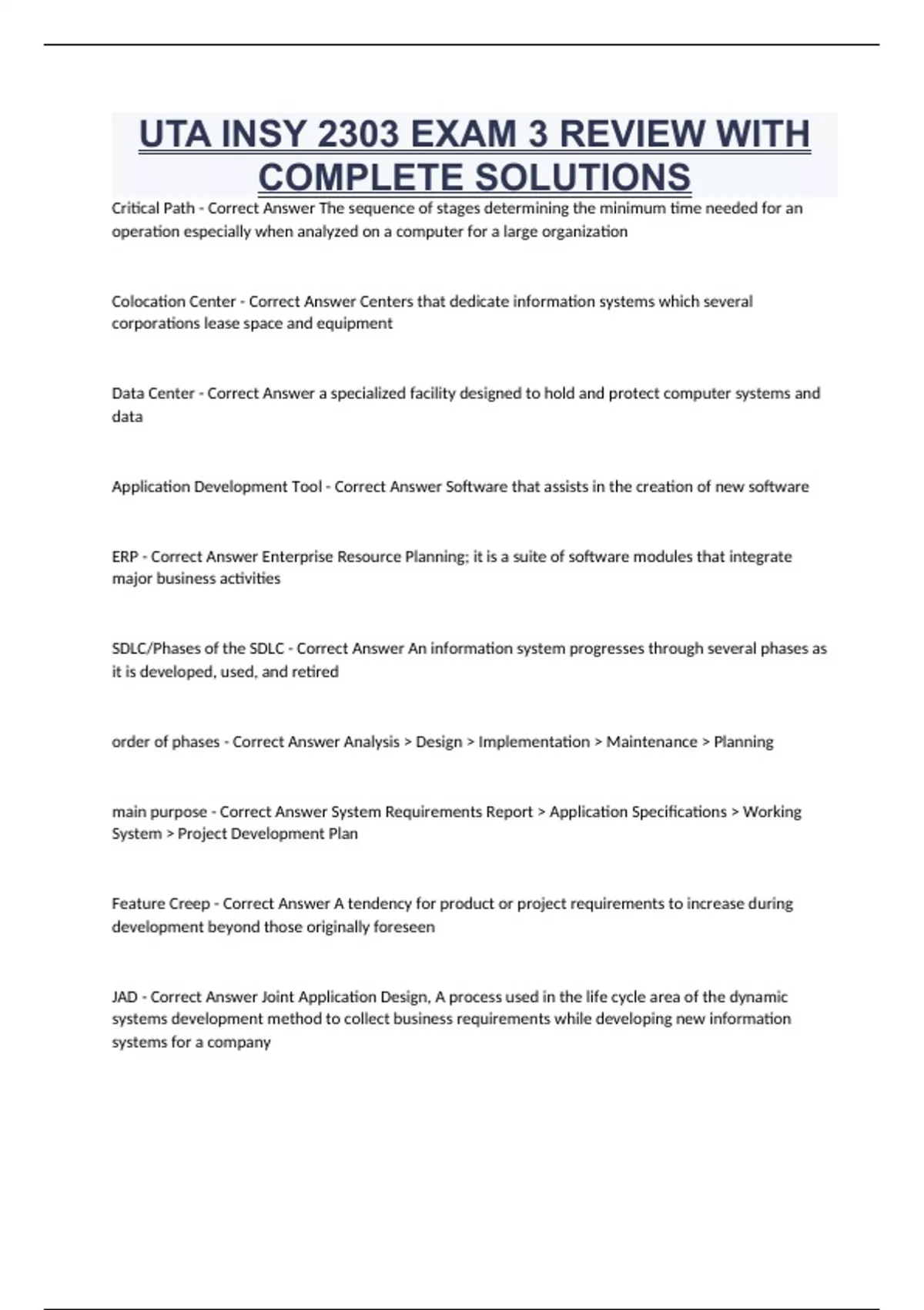 UTA INSY 2303 EXAM 3 REVIEW WITH COMPLETE SOLUTIONS - UTA INSY 2303 - Stuvia US