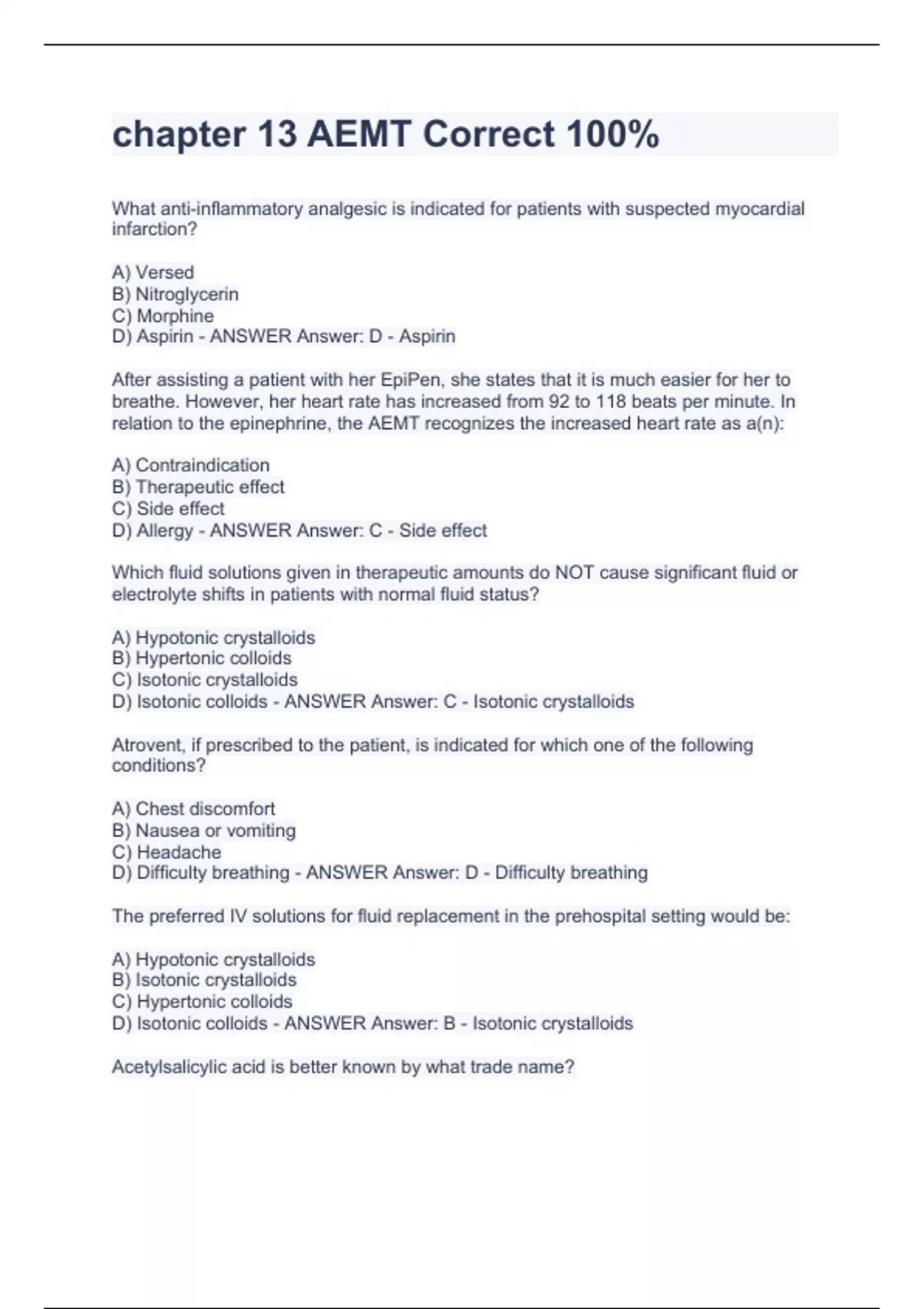 chapter 13 AEMT Correct 100% What anti-inflammatory analgesic is ...