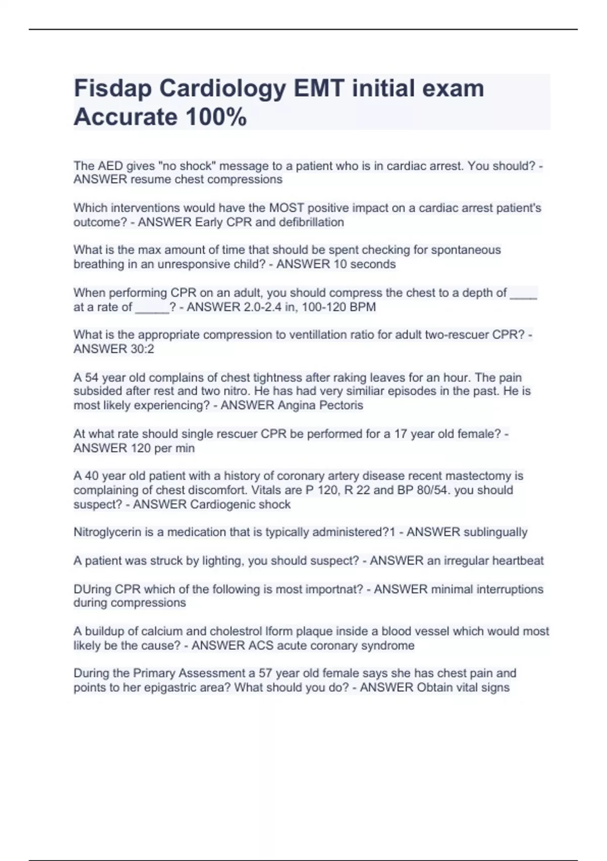 Fisdap Cardiology EMT initial exam Accurate 100% - EMT Fisdap ...