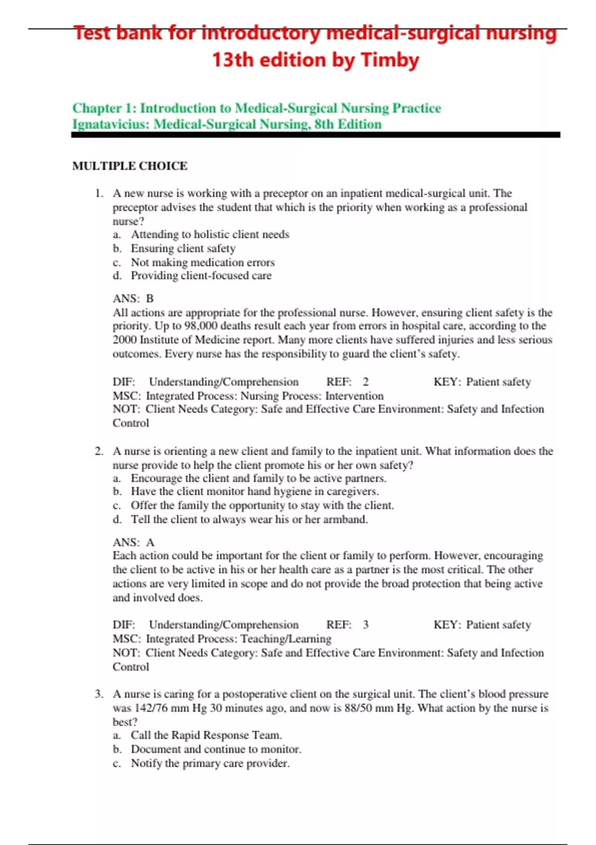 bundle for Test bank for introductory medical-surgical nursing 13th ...