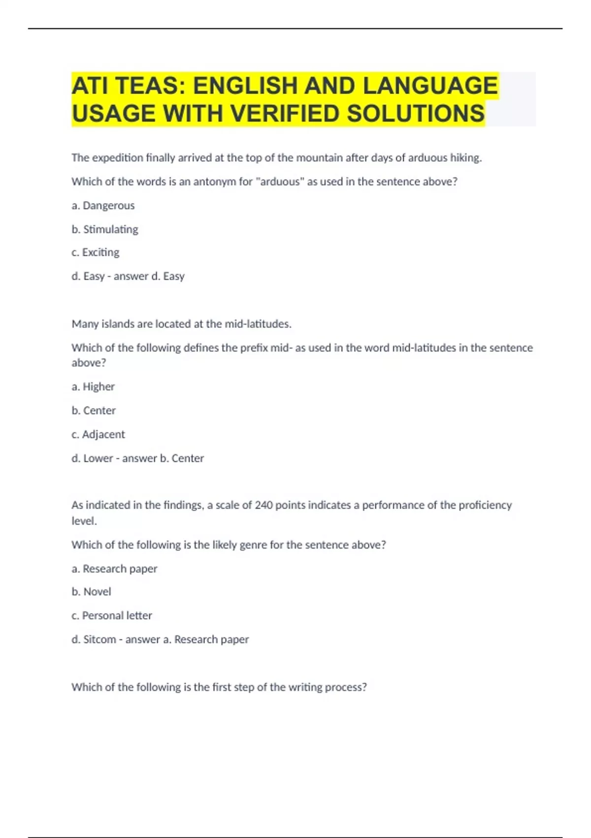 ATI TEAS ENGLISH AND LANGUAGE USAGE WITH VERIFIED SOLUTIONS - ATI TEAS ...