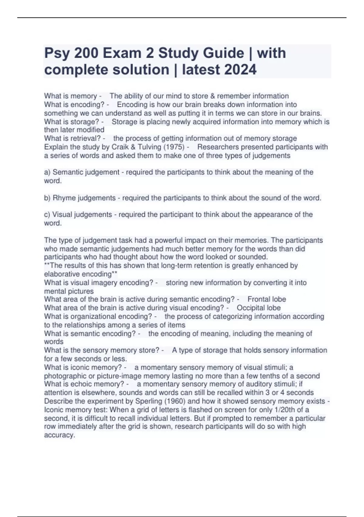 Psy 200 Exam 2 Study Guide | with complete solution | latest 2024 - Psy ...