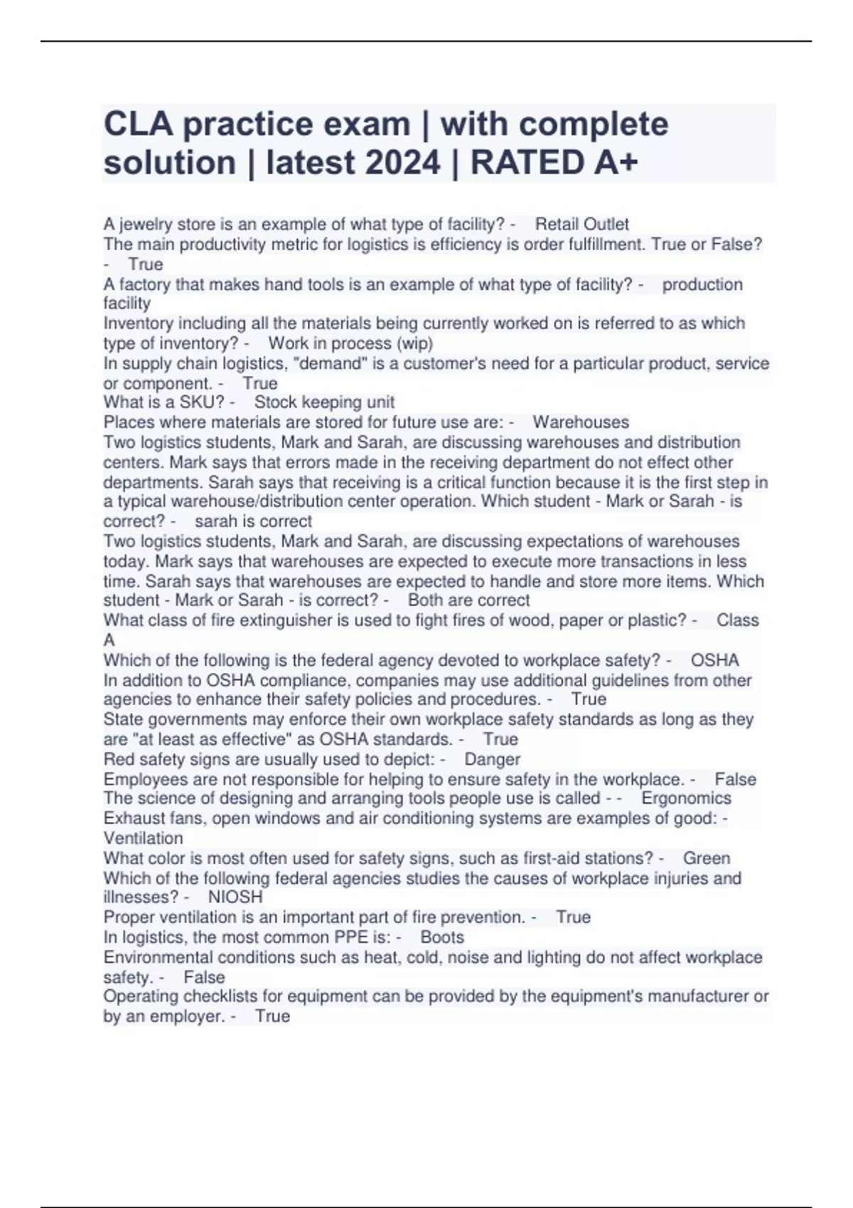 CLA practice exam | with complete solution | latest 2024 | RATED A+ ...