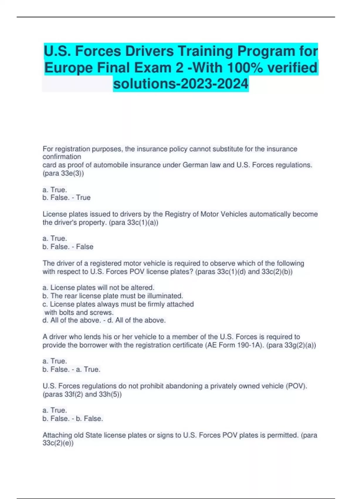 U.S. Forces Drivers Training Program for Europe Final Exam 2 -With 100% ...