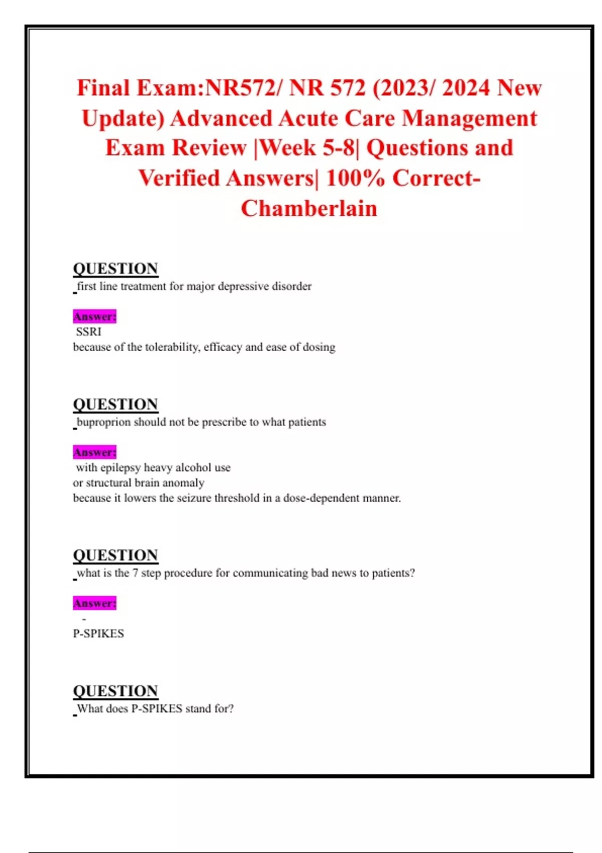 Final Exam:NR572/ NR 572 (2023/ 2024 New Update) Advanced Acute Care ...
