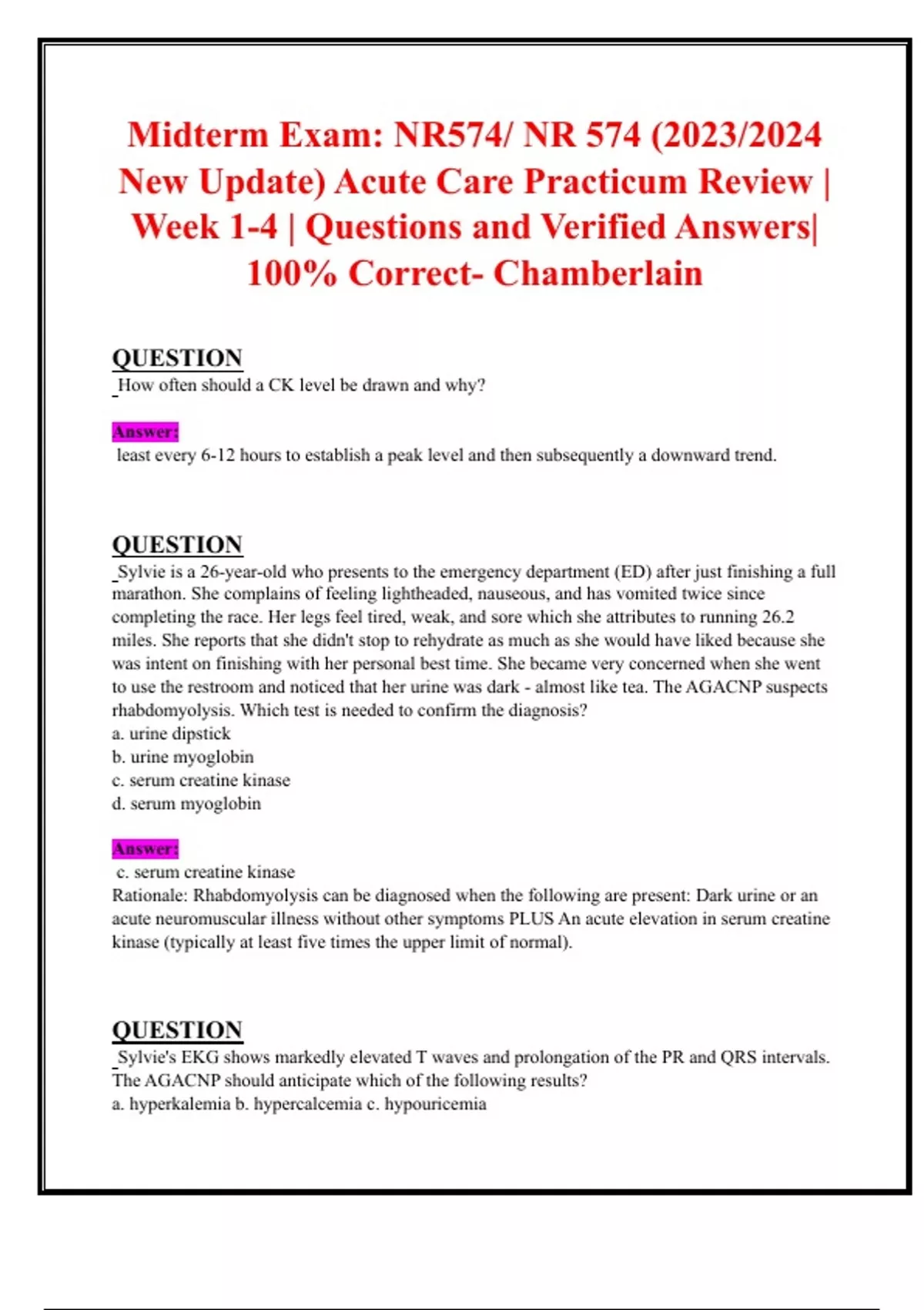 Midterm Exam: NR574/ NR 574 (2023/2024 New Update) Acute Care Practicum Review | Week 1-4 ...