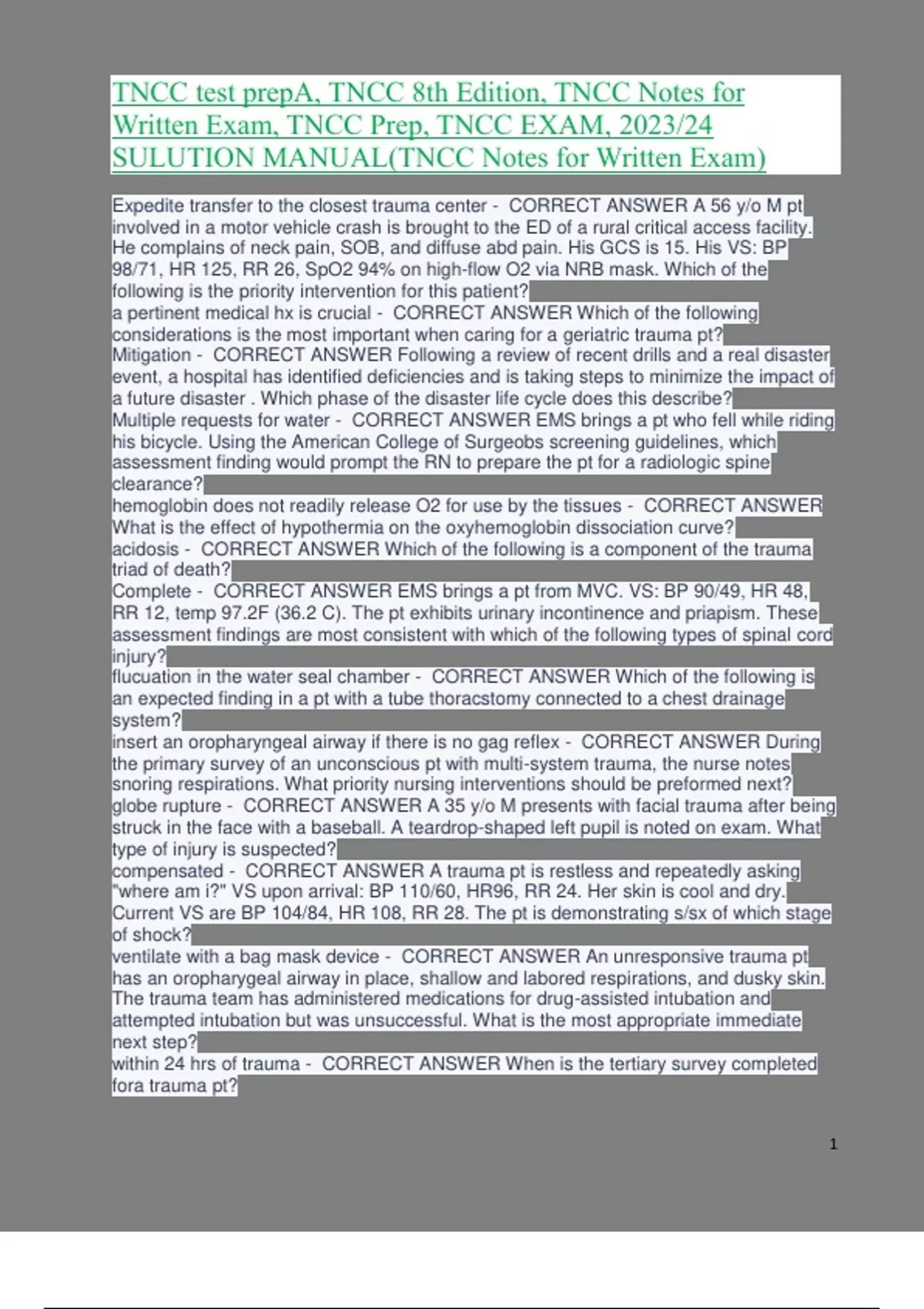 TNCC test prepA, TNCC 8th Edition, TNCC Notes for Written Exam, TNCC ...