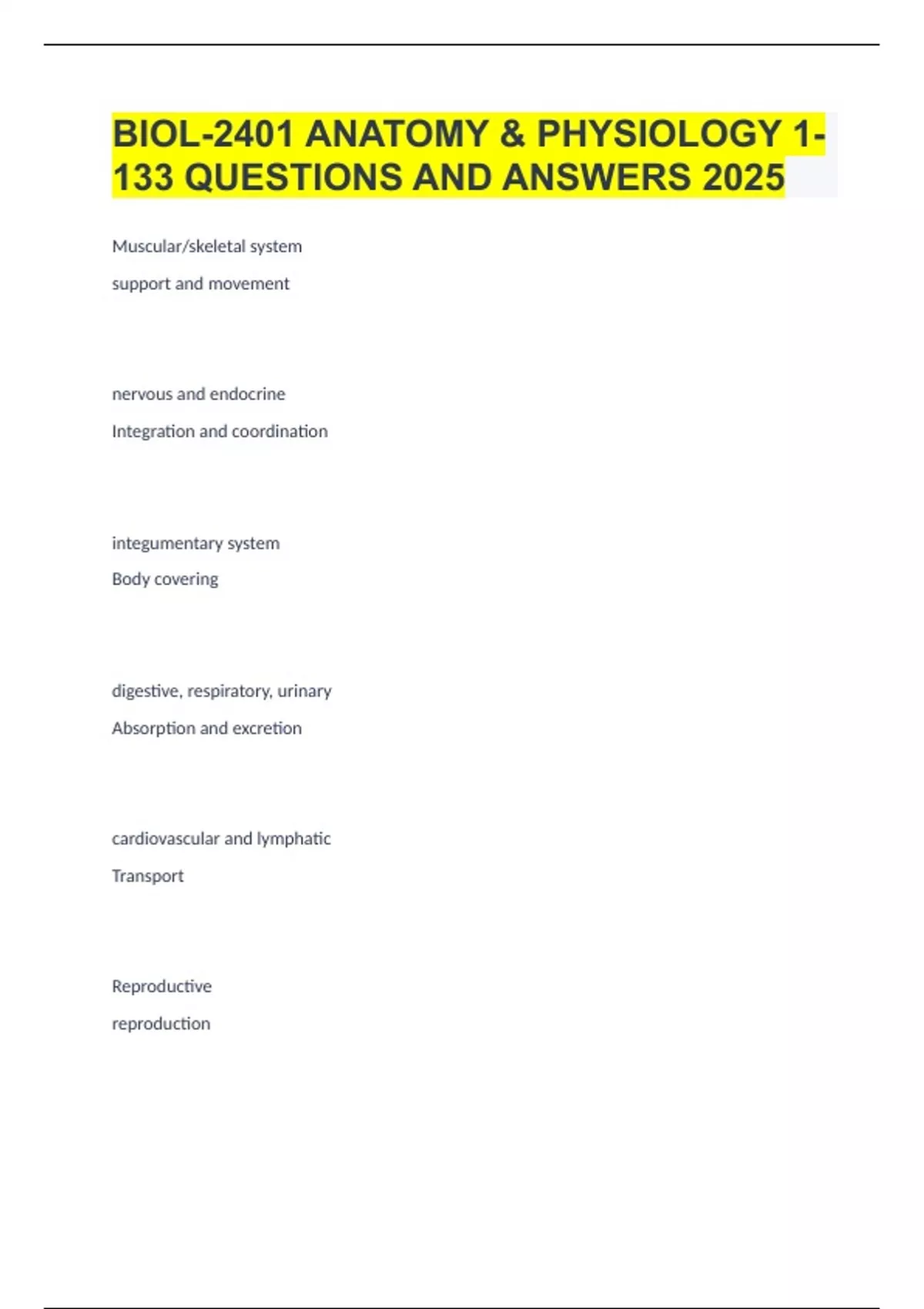 BIOL-2401 ANATOMY & PHYSIOLOGY 1-133 QUESTIONS AND ANSWERS 2025 ...