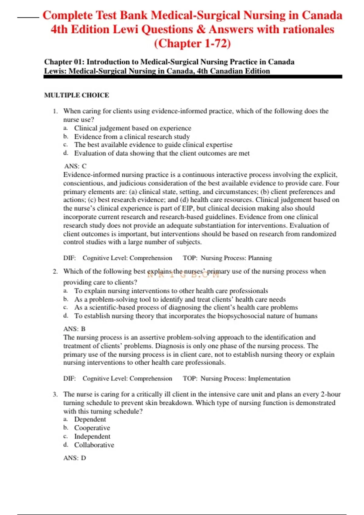 Complete Test Bank Medical-Surgical Nursing in Canada 4th Edition Lewi ...