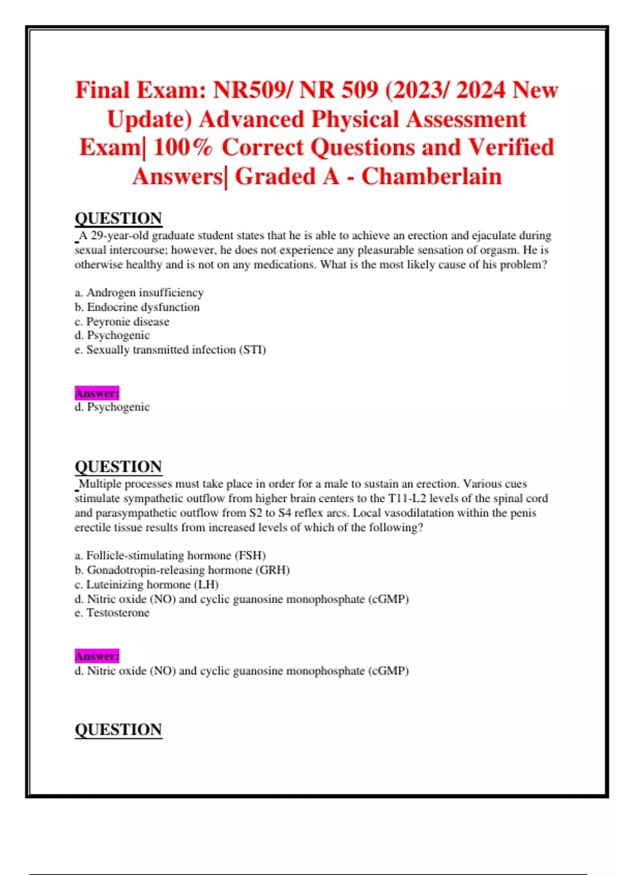 Final Exam: NR509/ NR 509 (2023/ 2024 New Update) Advanced Physical ...