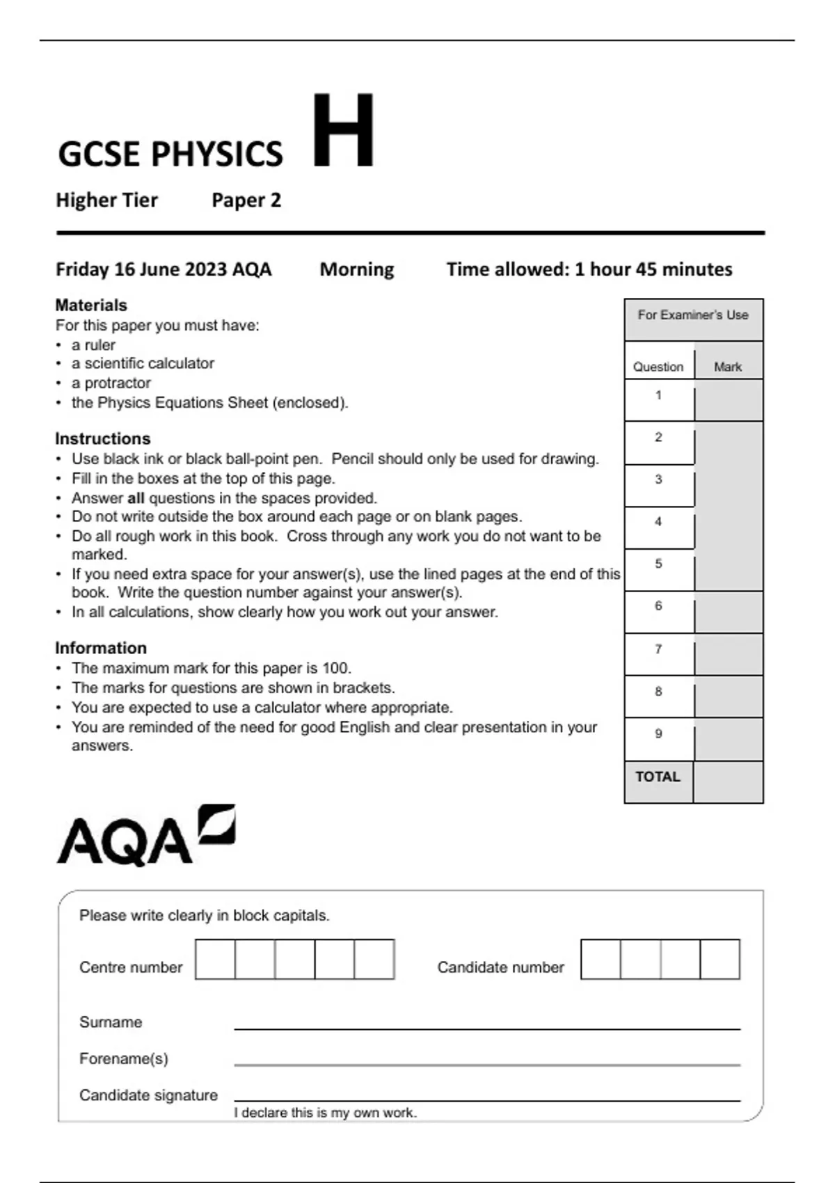 AQA GCSE PHYSICS H Higher Tier Paper 2 8463-2H-QP-Physics-G-16Jun23 ...