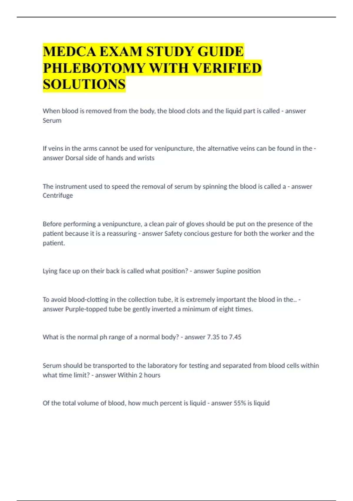 MEDCA EXAM STUDY GUIDE PHLEBOTOMY WITH VERIFIED SOLUTIONS - Medca ...