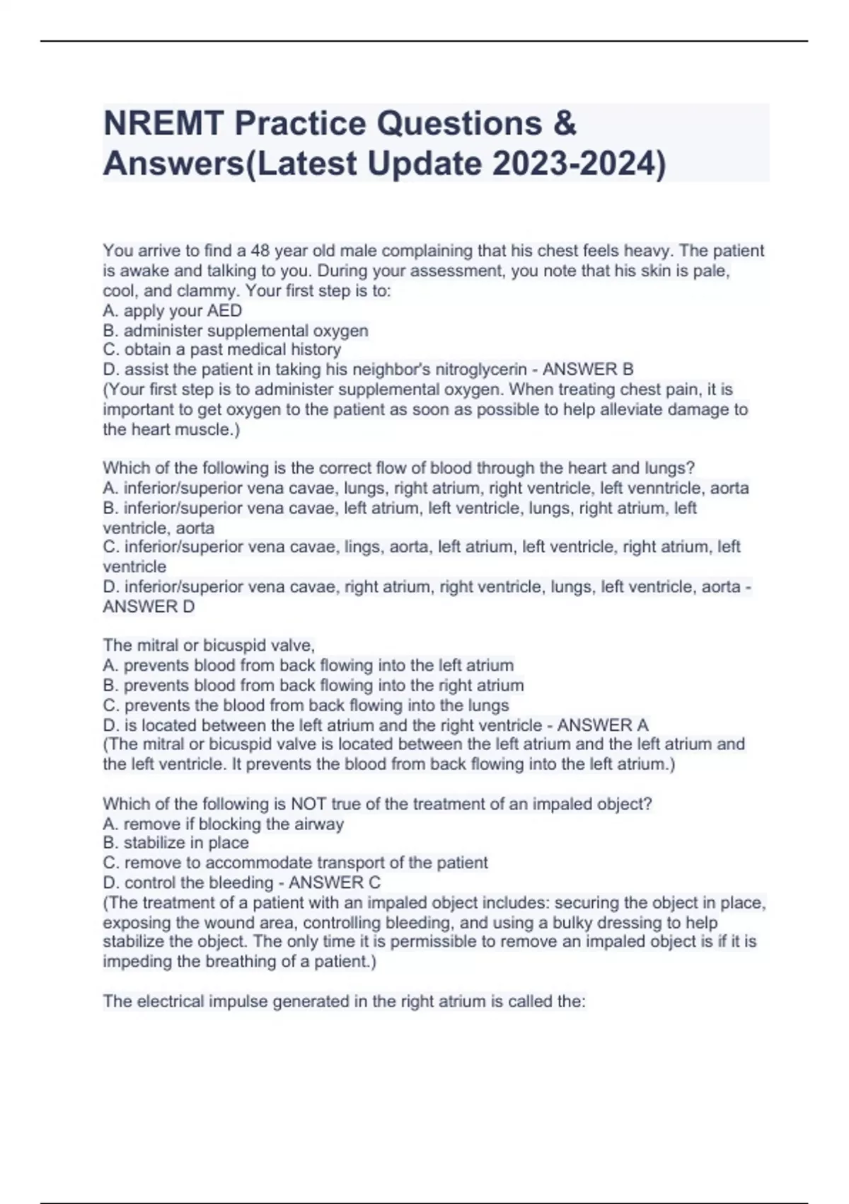 NREMT Practice Questions & Answers(Latest Update ) - NREMT - Stuvia US