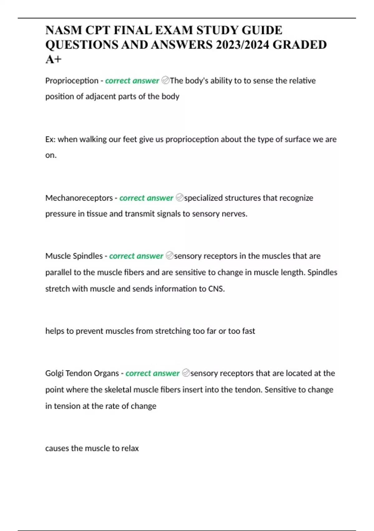 Summary NASM CPT FINAL EXAM STUDY GUIDE QUESTIONS AND ANSWERS 2023/2024 GRADED A+ - NASM CPT FIN ...