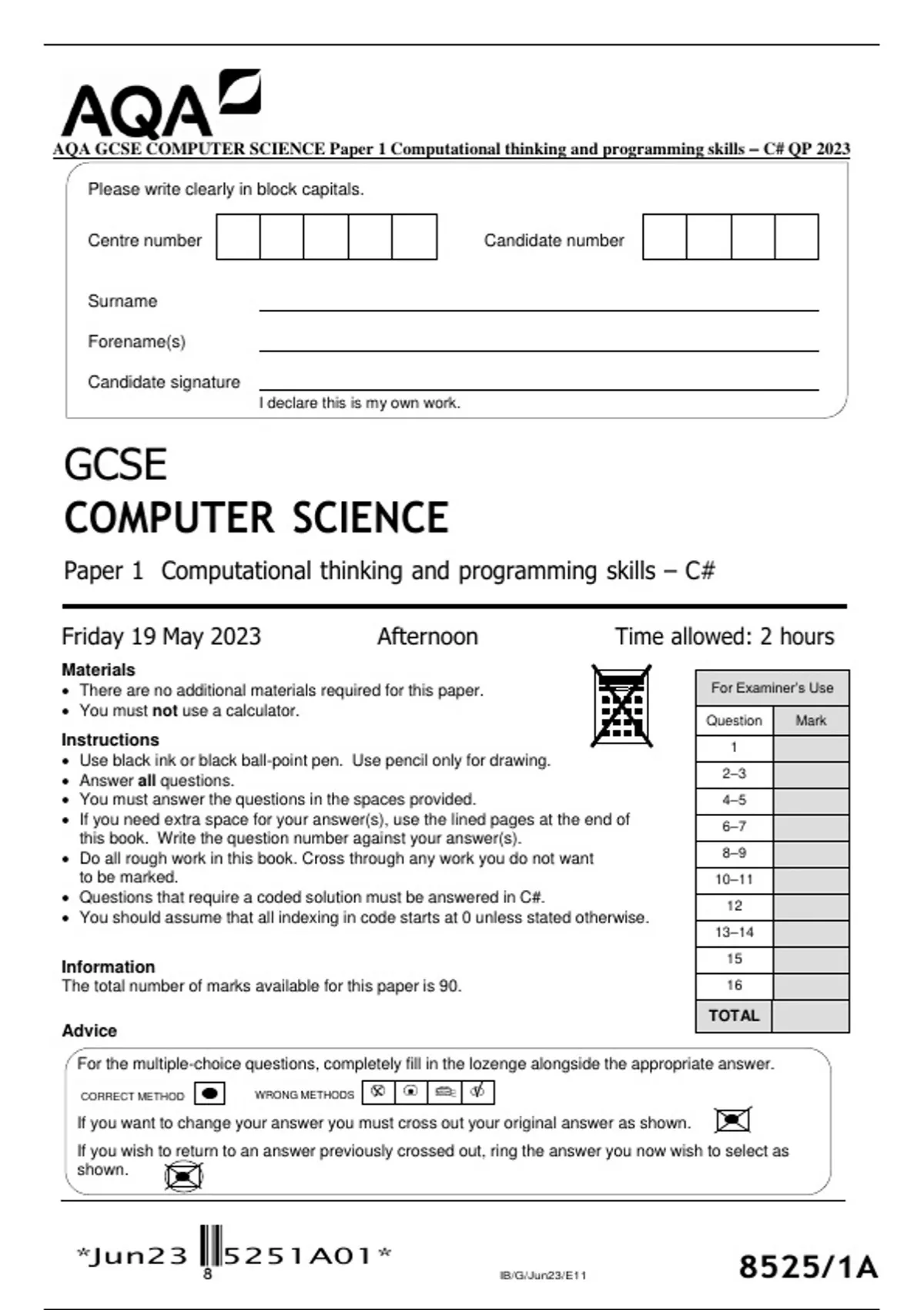 AQA GCSE COMPUTER SCIENCE Paper 1 Computational thinking and programming skills – C# QP 2023 ...