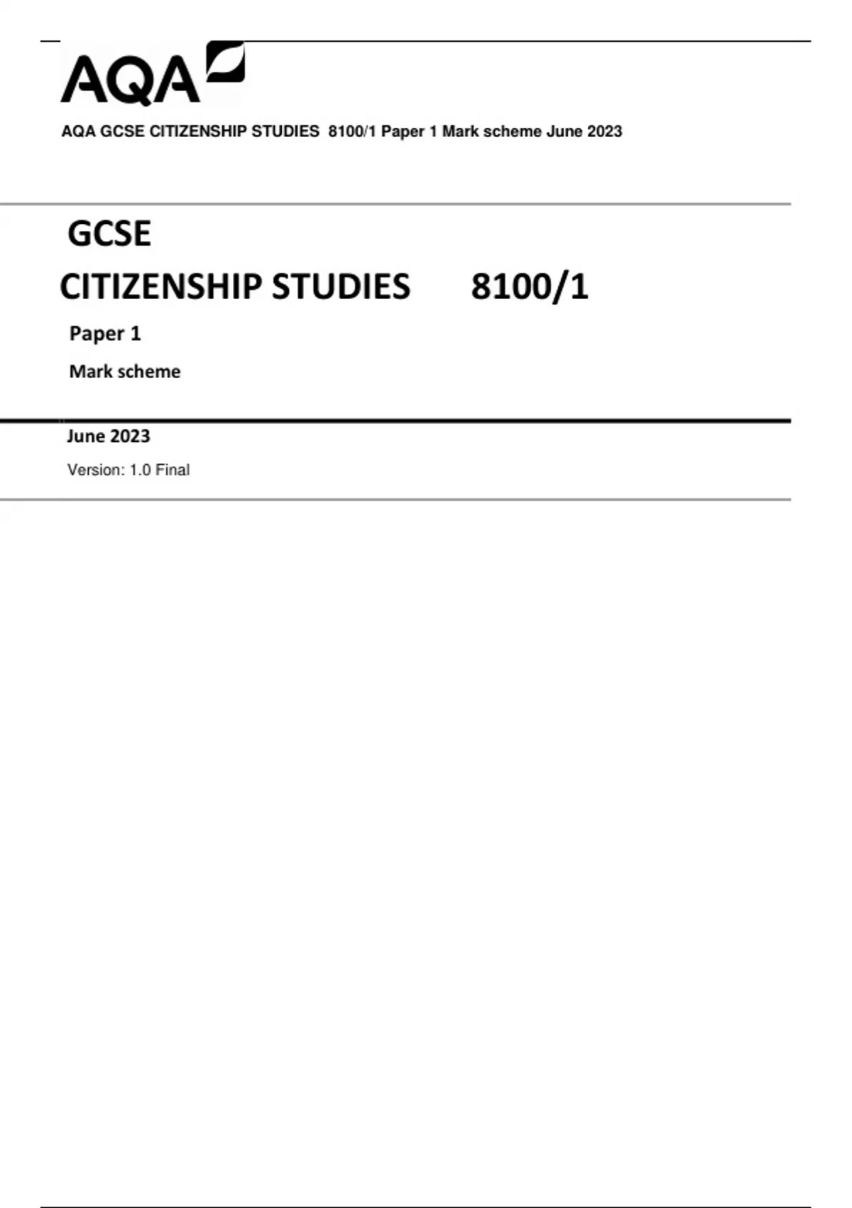 AQA GCSE CITIZENSHIP STUDIES 8100/1 Paper 1 Mark scheme June 2023 - AQA ...