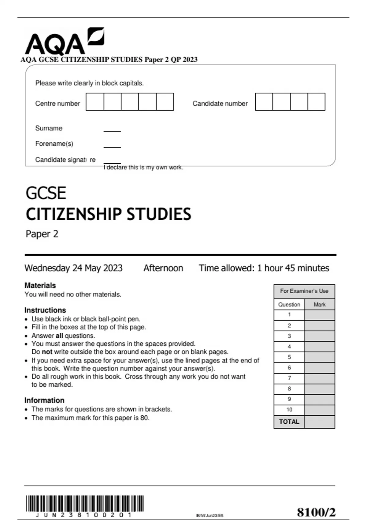 AQA GCSE CITIZENSHIP STUDIES Paper 2 QP 2023 - AQA - Stuvia US