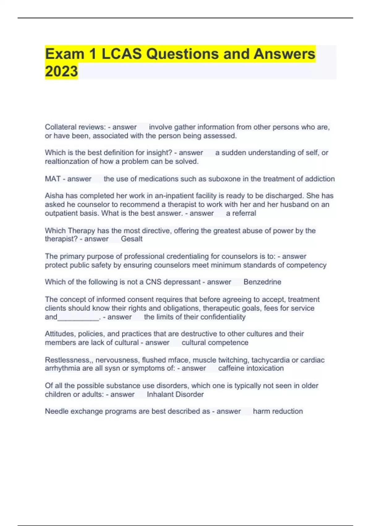 Exam 1 LCAS Questions and Answers 2023 - LCAS - Stuvia US