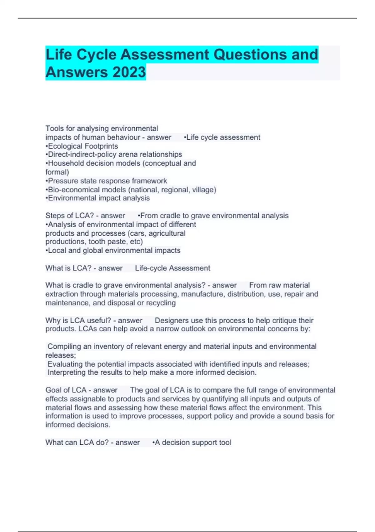 Chemistry - Life cycle assessment - AQA GCSE - LCAS - Stuvia US