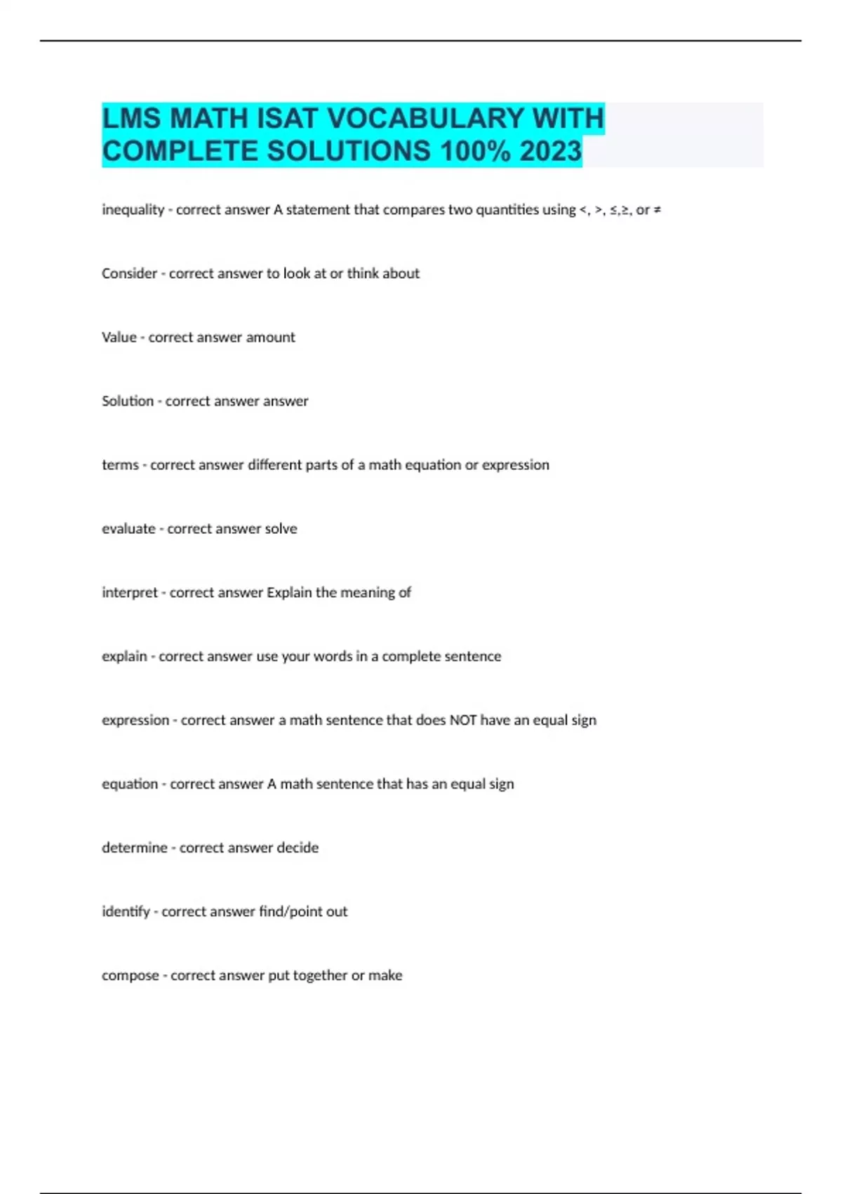 LMS MATH ISAT VOCABULARY WITH COMPLETE SOLUTIONS 100% 2023 - Praxis ...
