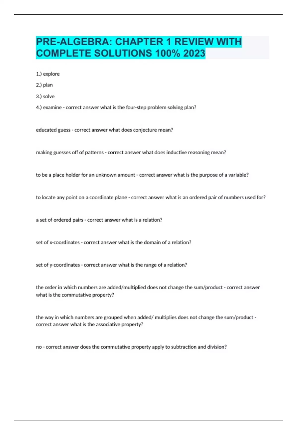 PRE-ALGEBRA: CHAPTER 1 REVIEW WITH COMPLETE SOLUTIONS 100% 2023 - Pre ...