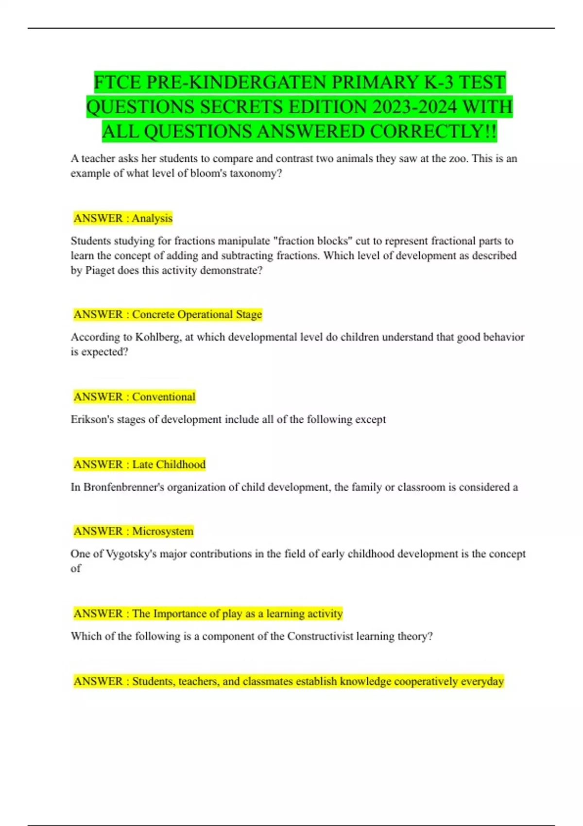 FTCE PRE-KINDERGATEN/ PRIMARY K-3 TEST QUESTIONS SECRETS EDITION WITH ...
