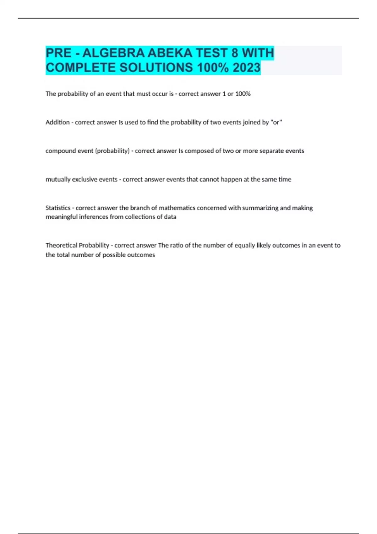 PRE - ALGEBRA ABEKA TEST 8 Questions And Answers Latest Updates 2025/ ...