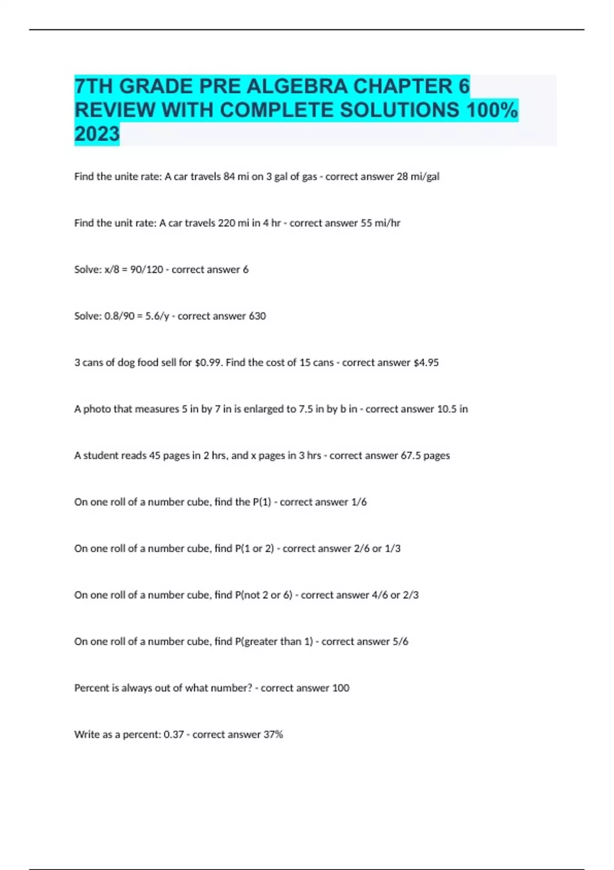 7TH GRADE PRE ALGEBRA CHAPTER 6 REVIEW WITH COMPLETE SOLUTIONS 100% ...