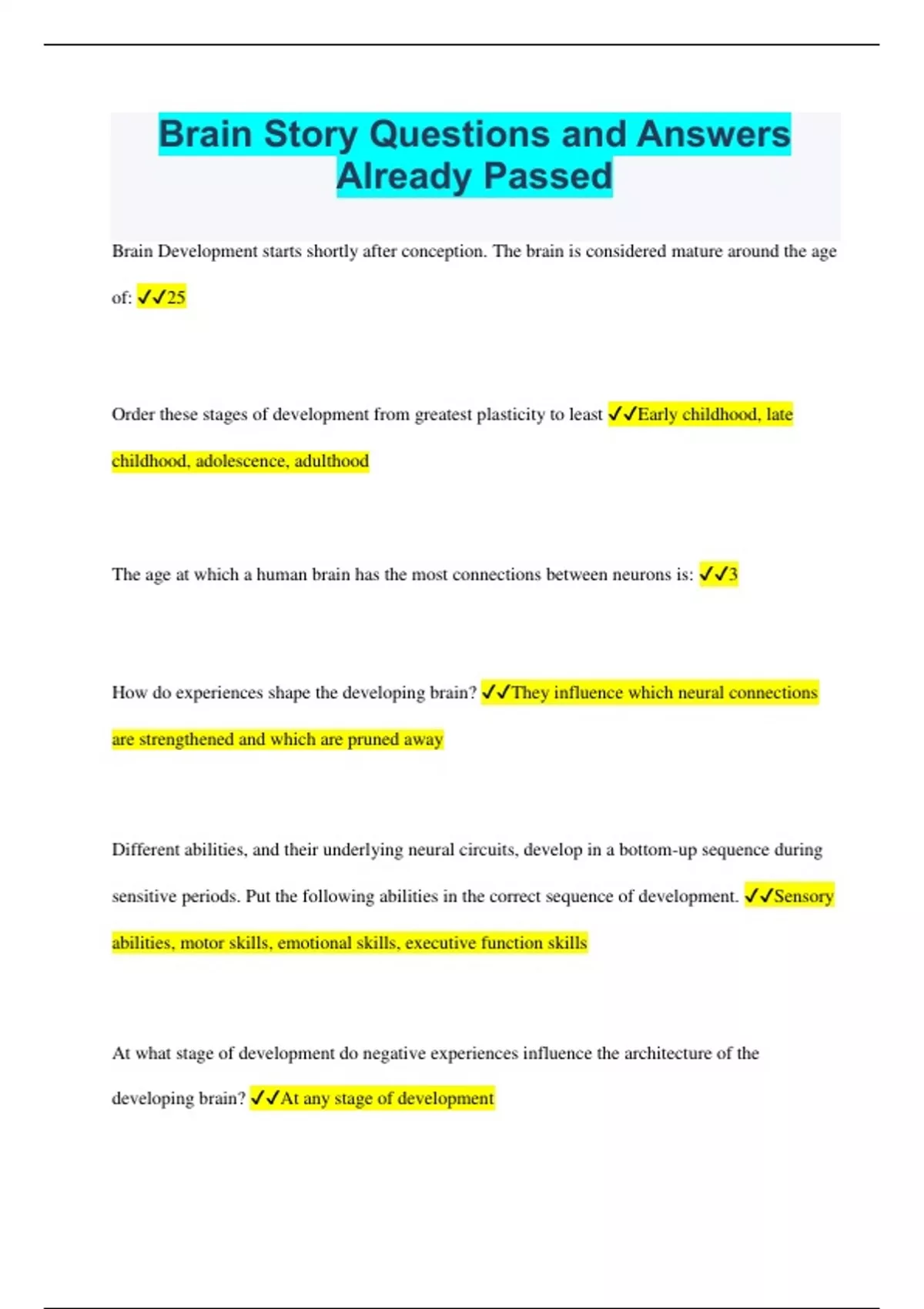 Brain Story Questions and Answers Already Passed - Brain Story - Stuvia US