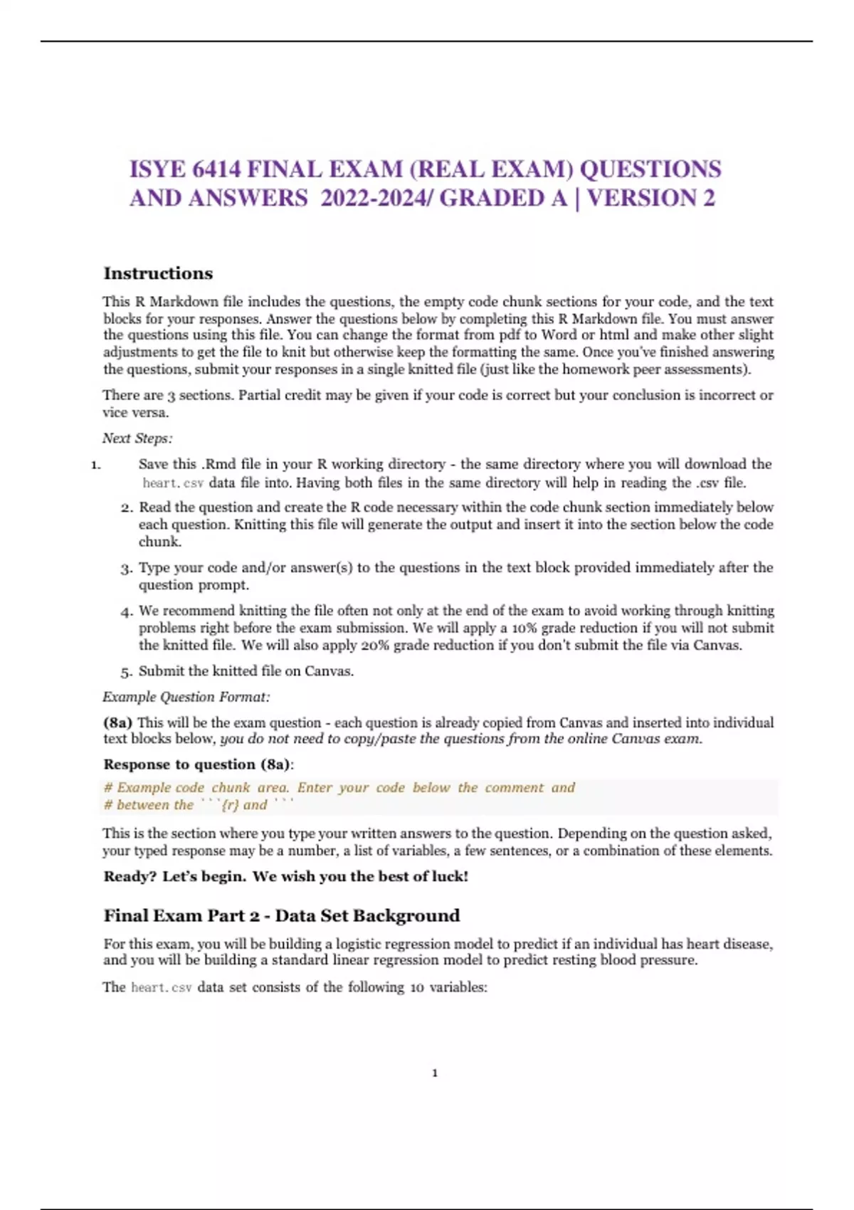 ISYE6414 FINAL EXAM / ISYE6414 FINAL EXAM REAL EXAM QUESTION AND ...