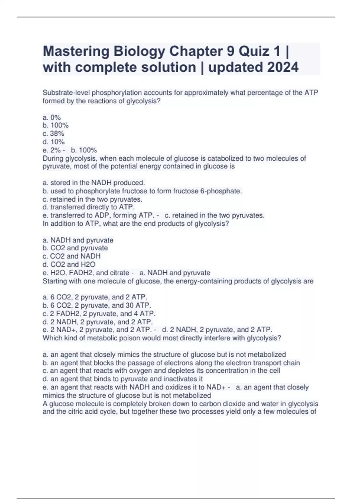 Mastering Biology Chapter 9 Quiz 1 | with complete solution | updated ...