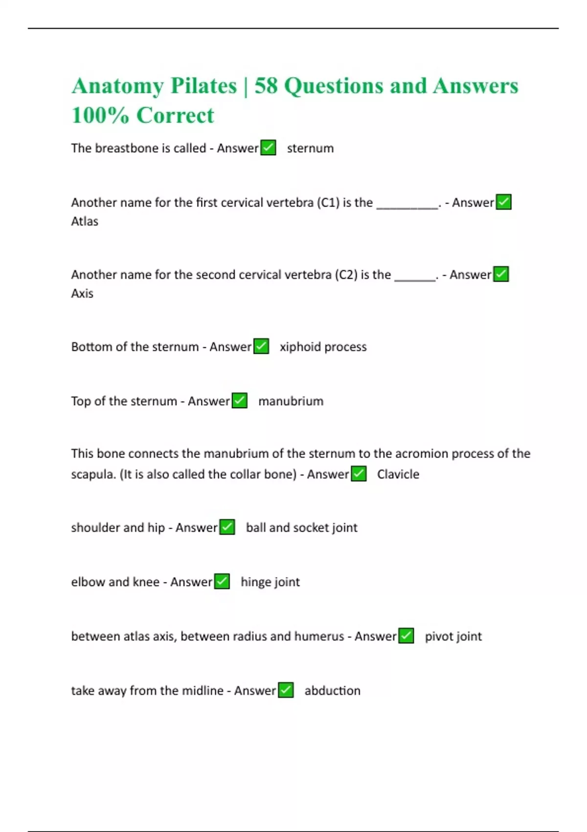 Anatomy Pilates | 58 Questions and Answers 100% Correct - Club Pilates ...