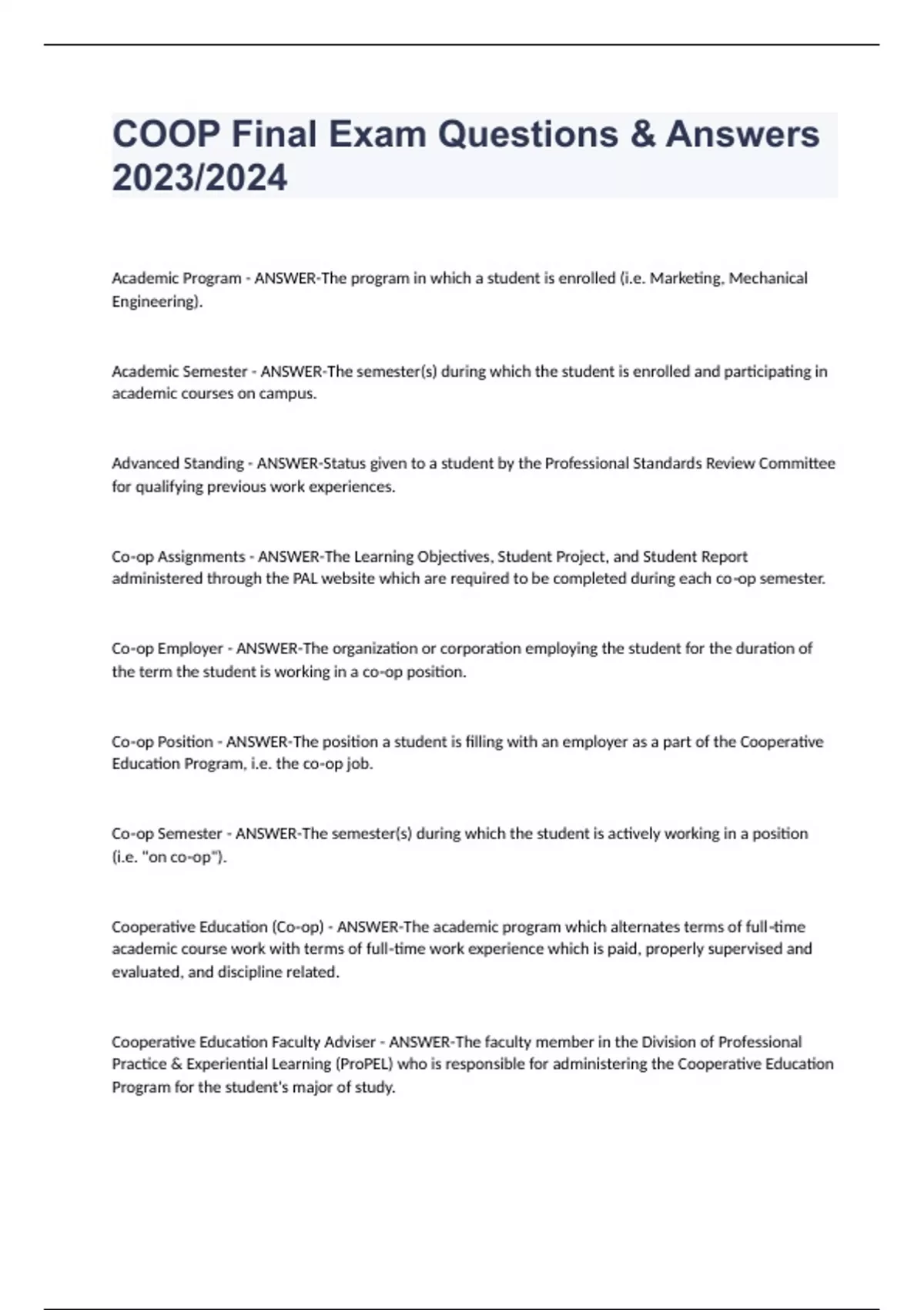 COOP Final Exam Questions & Answers 2023/2024 - COOP - Stuvia US