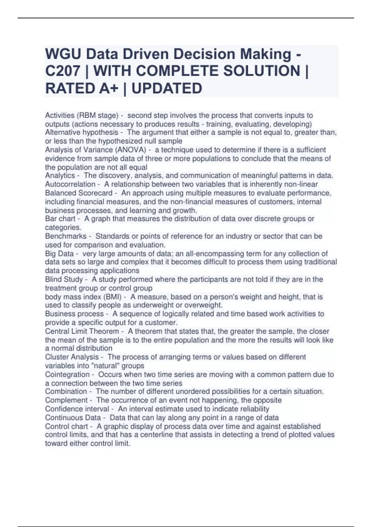 WGU Data Driven Decision Making - C207 | WITH COMPLETE SOLUTION | RATED ...