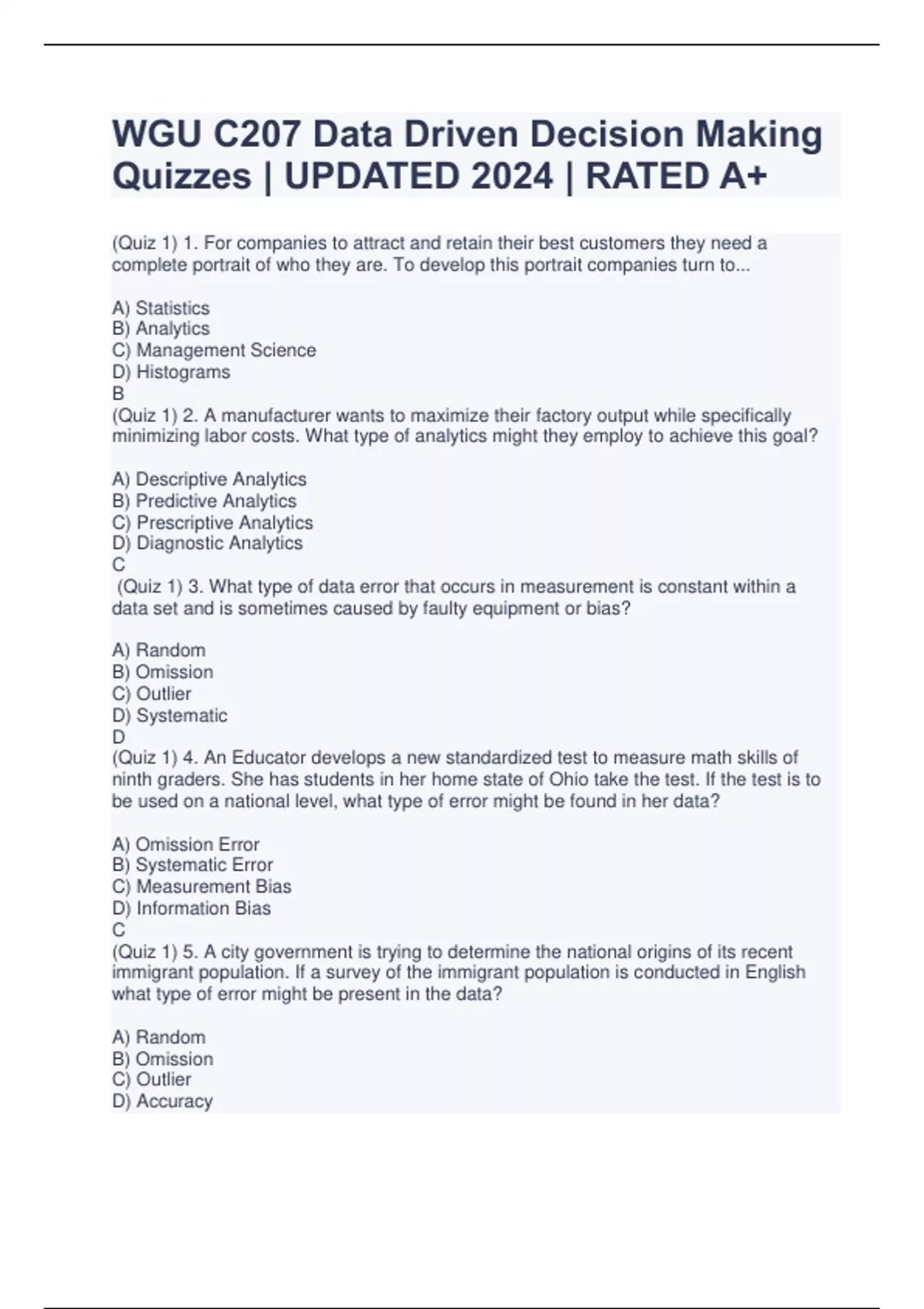 WGU C207 Data Driven Decision Making Quizzes | UPDATED 2024 | RATED A+ ...