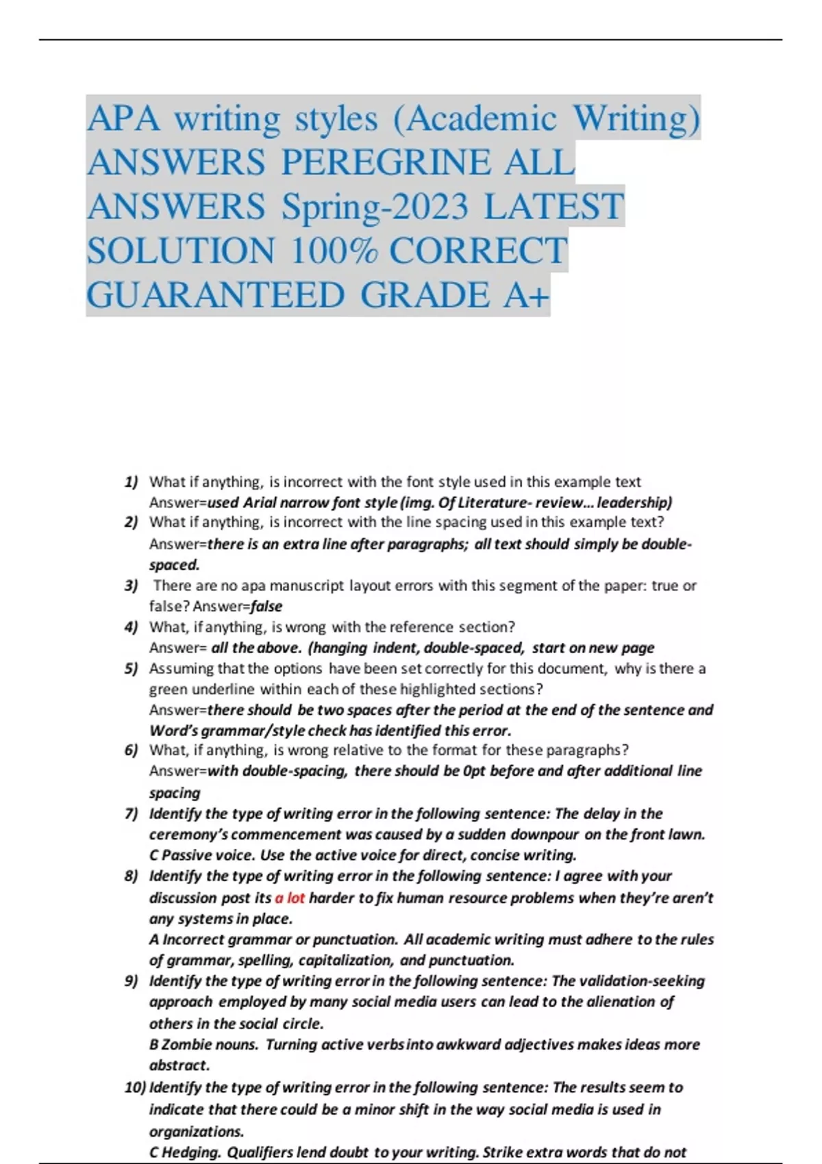 APA writing styles (Academic Writing) ANSWERS PEREGRINE ALL ANSWERS ...