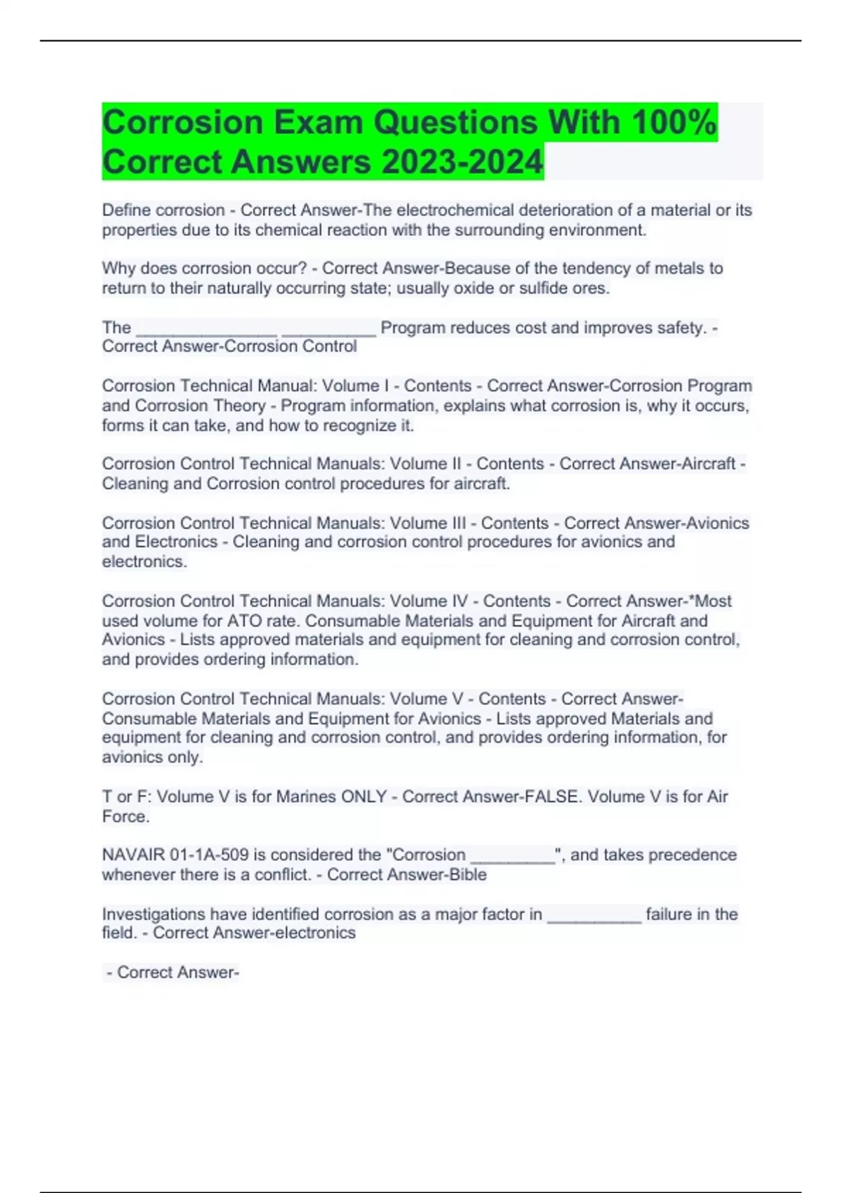 Corrosion Exam Questions With 100% Correct Answers - Corrosion - Stuvia US