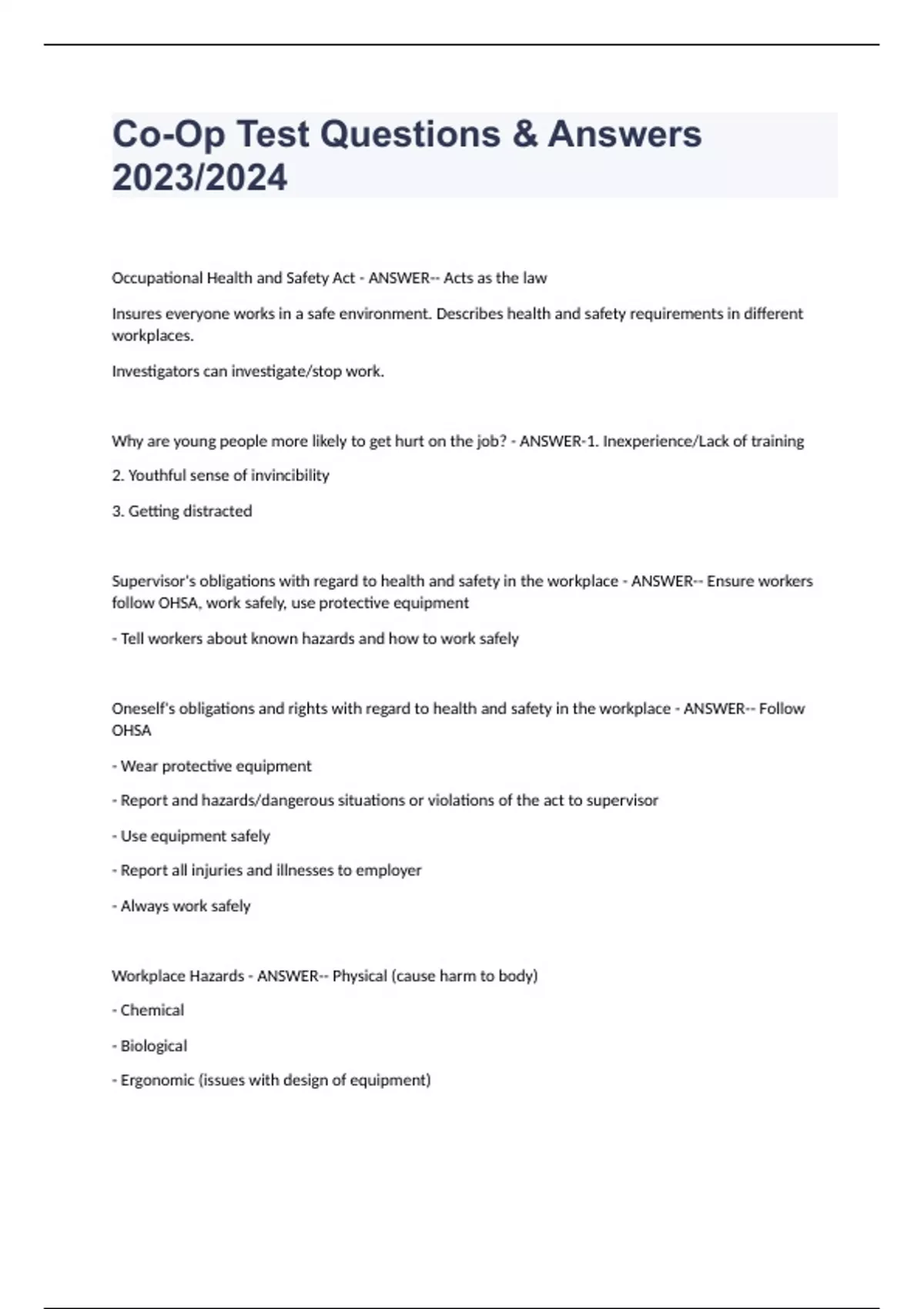 Co-Op Test Questions & Answers 2023/2024 - Co-Op - Stuvia US