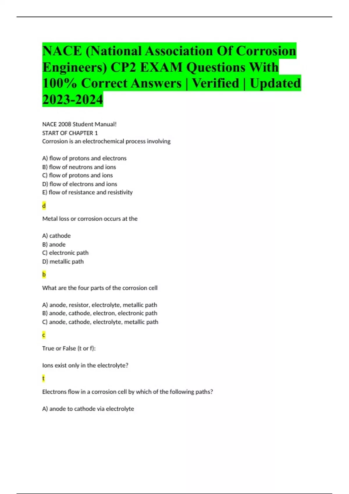 NACE (National Association Of Corrosion Engineers) CP2 EXAM Questions ...