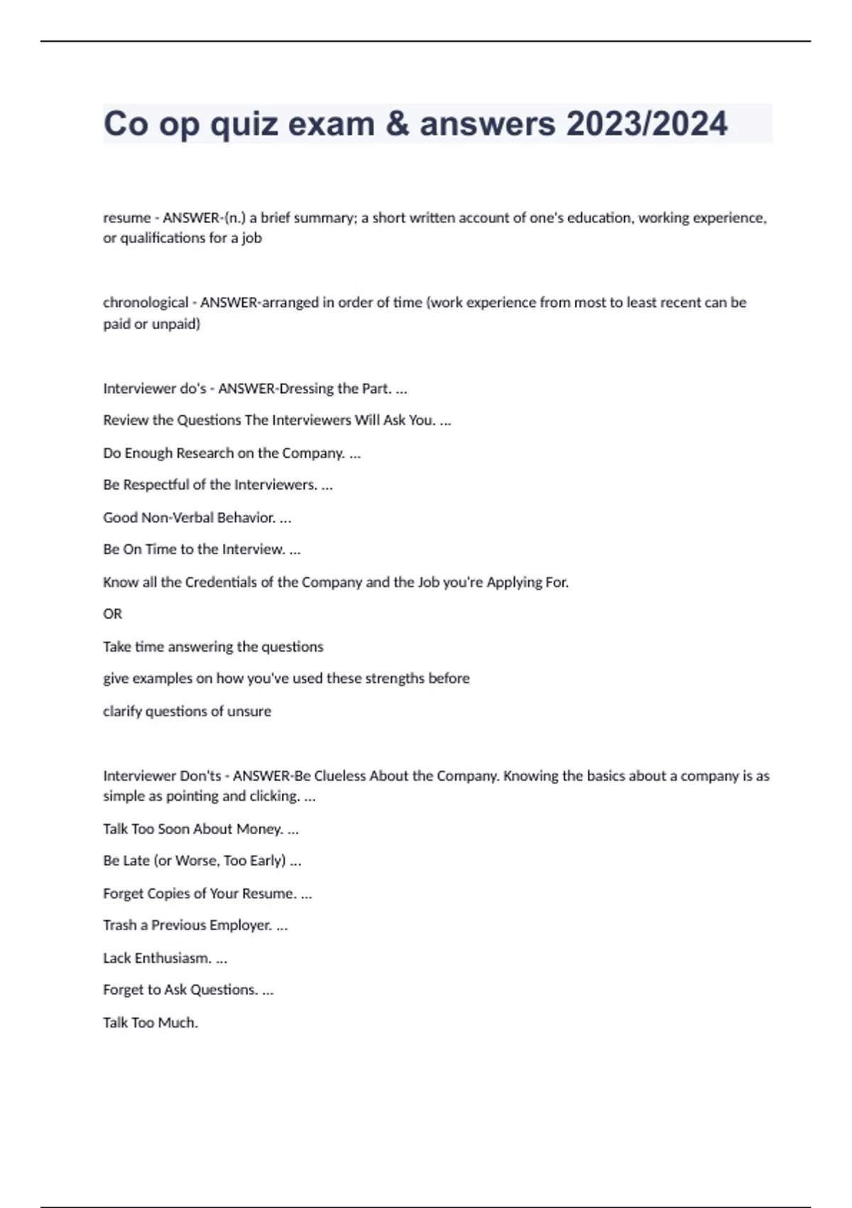 Co op quiz exam & answers 2023/2024 - Co op - Stuvia US