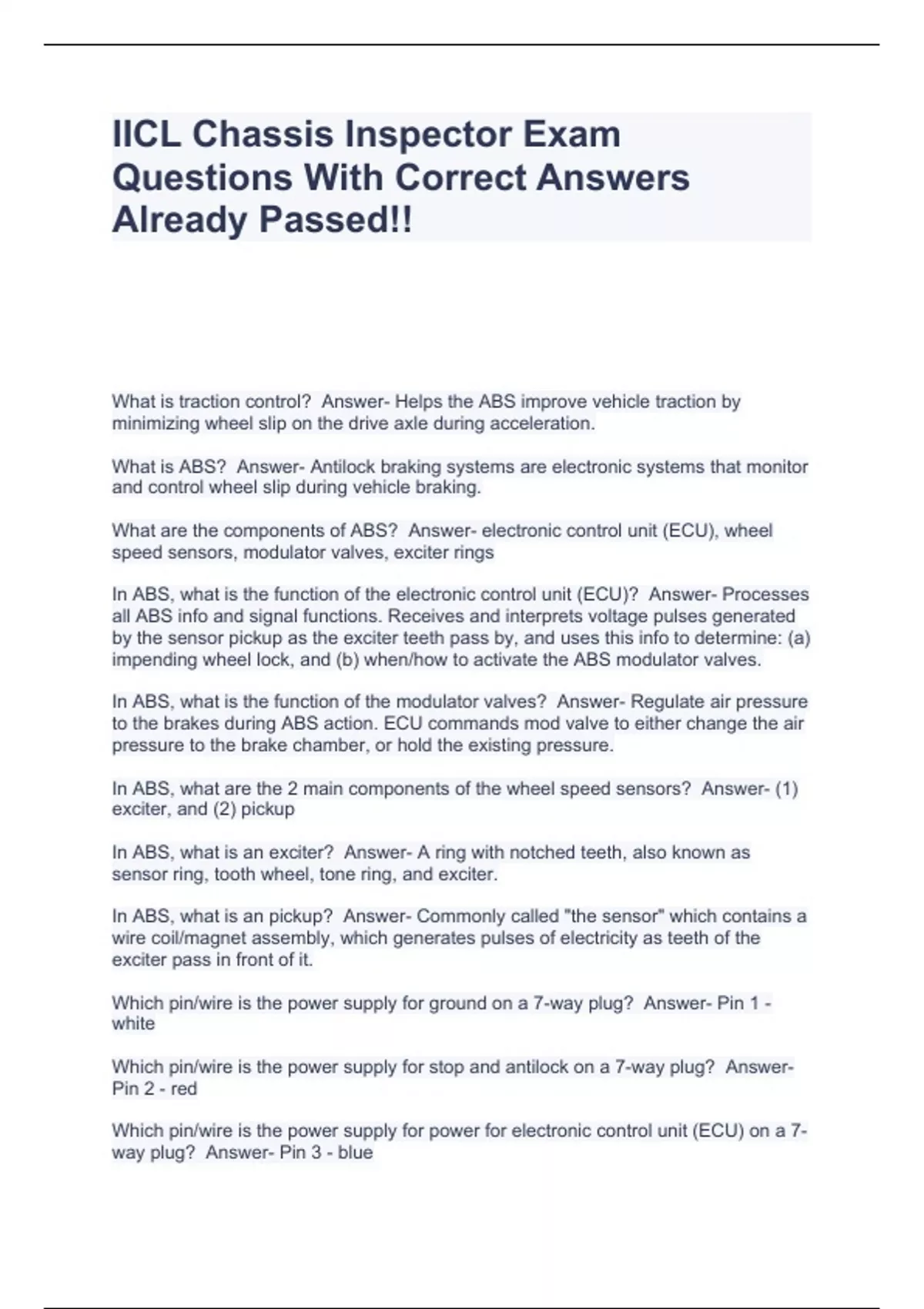 IICL Chassis Inspector Exam Questions With Correct Answers Already Passed!! - IICL - Stuvia US