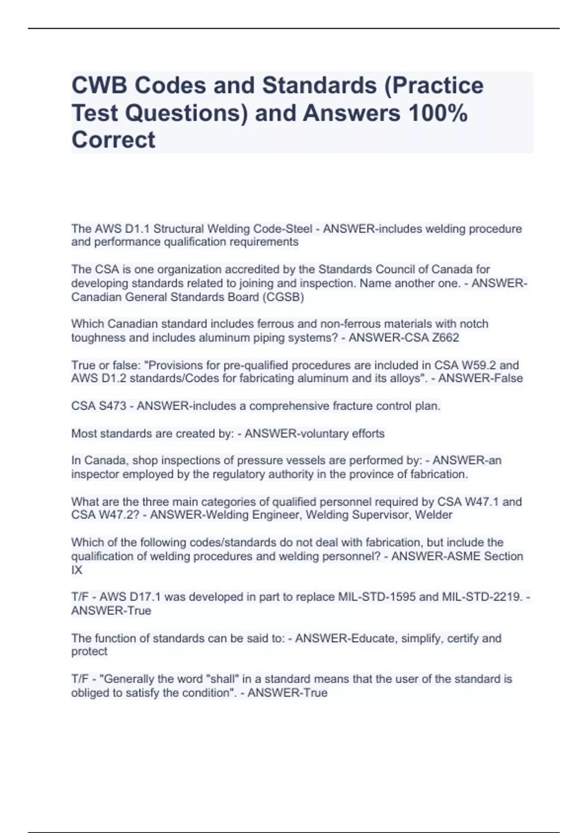 CWB Codes and Standards (Practice Test Questions) and Answers 100% ...