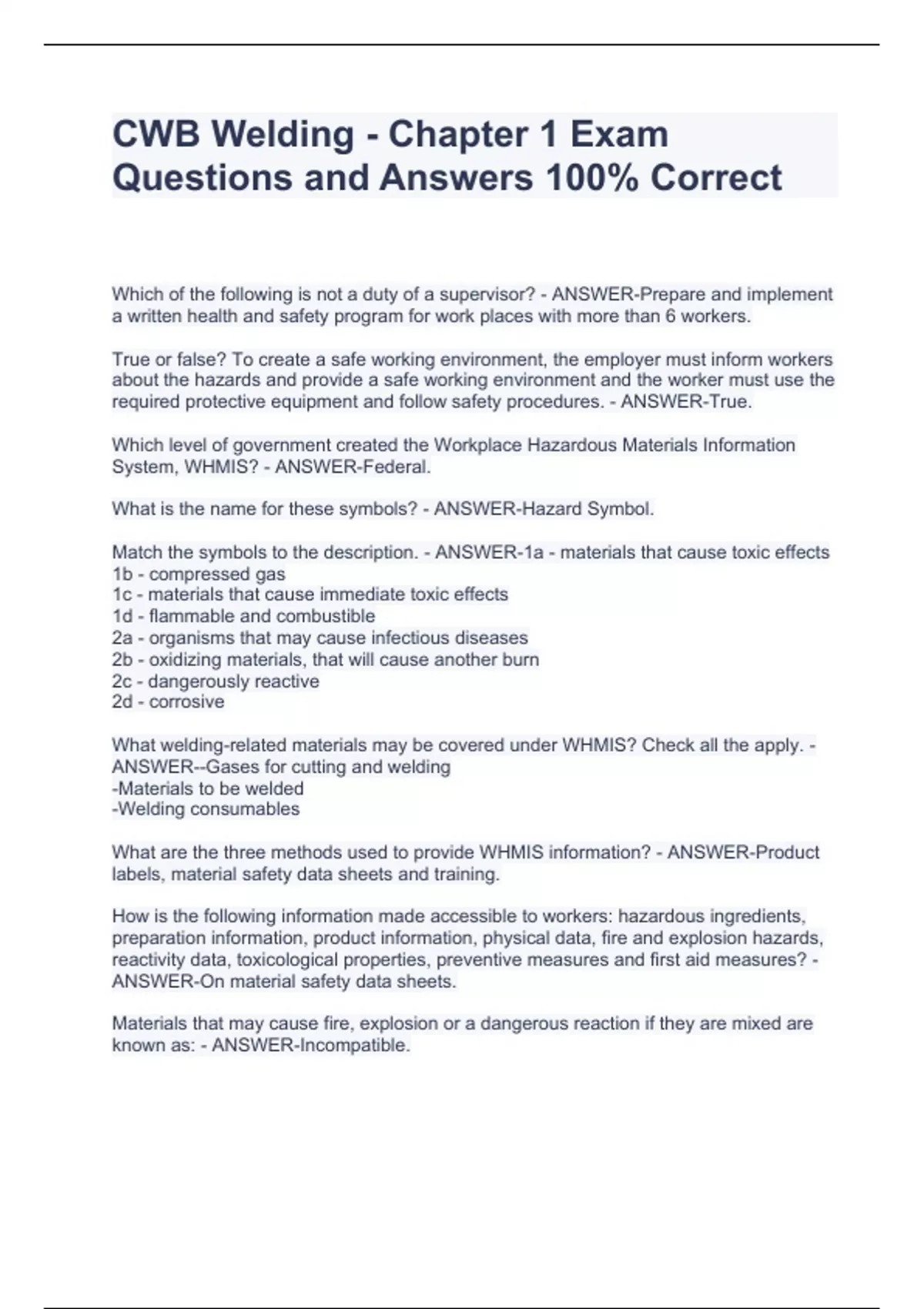 CWB Welding - Chapter 1 Exam Questions and Answers 100% Correct - CWB ...